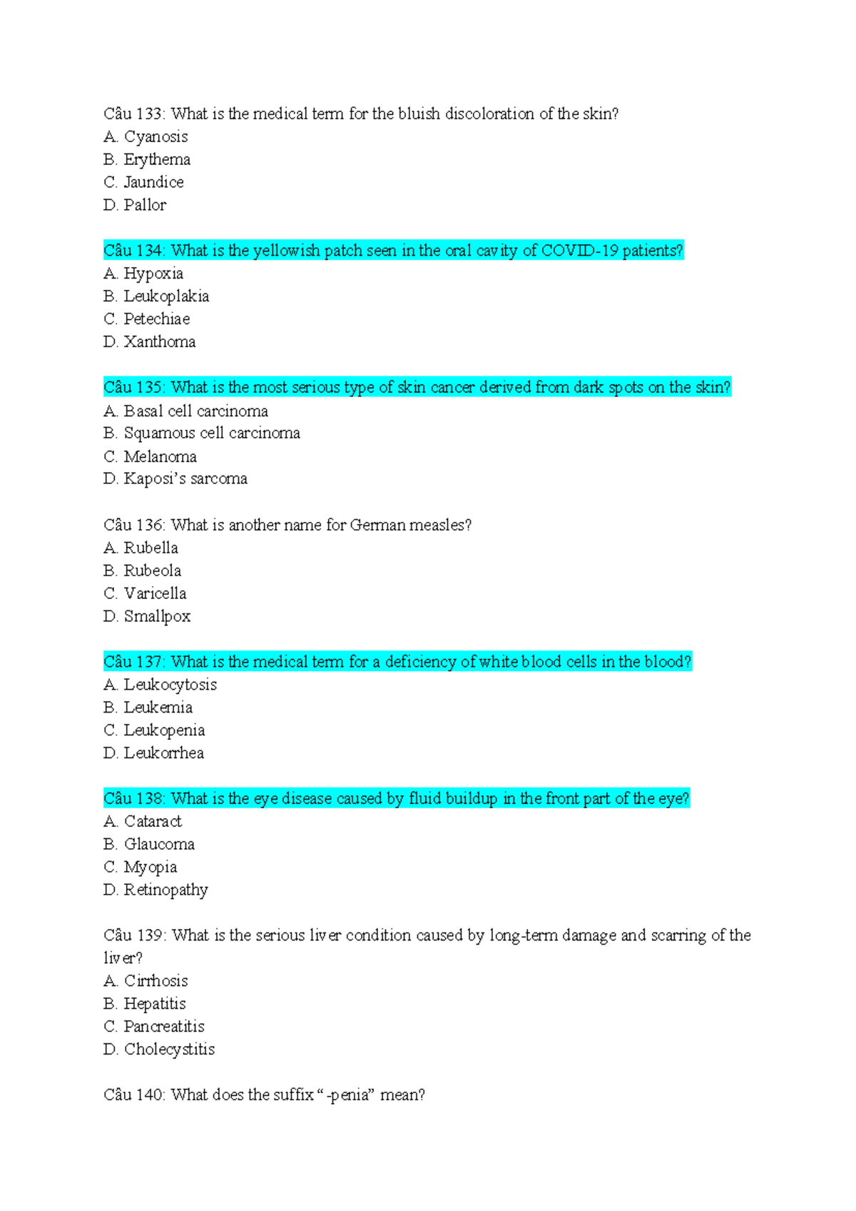 Test 1 (133 - 183): Medical Terminology Quiz Questions - Studocu
