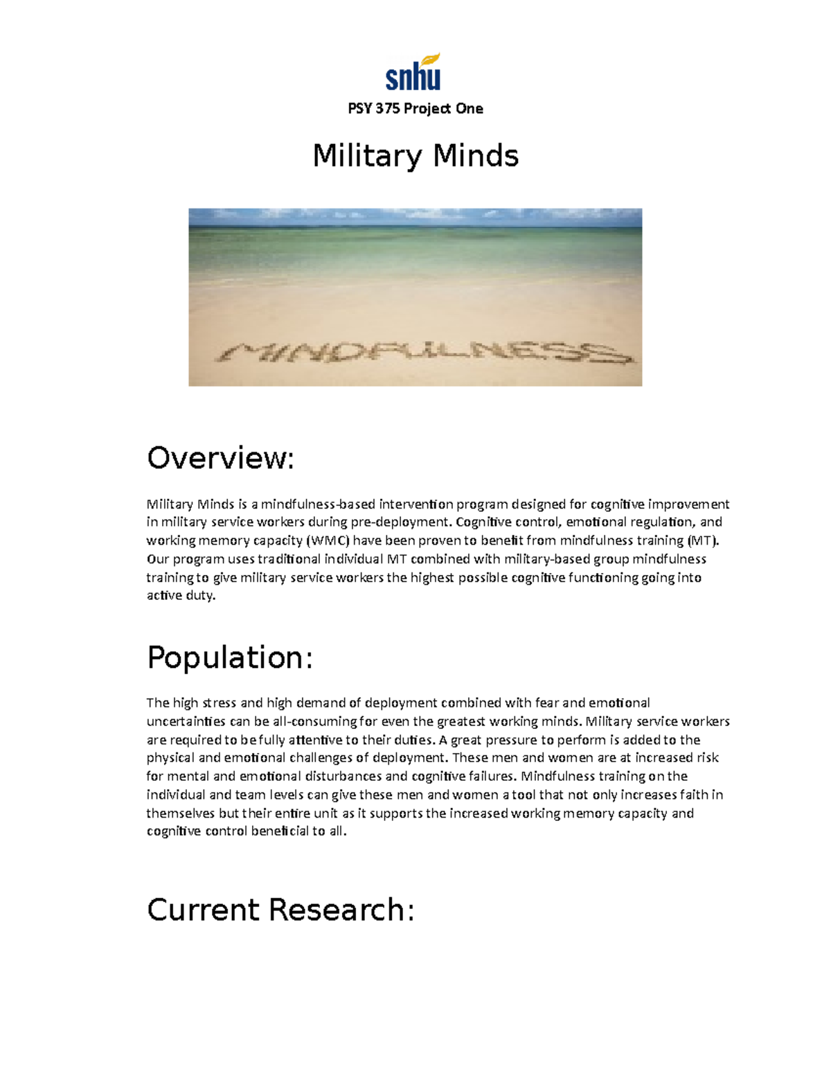 PSY 375 Project One: Mindfulness Training for Military Service Workers ...