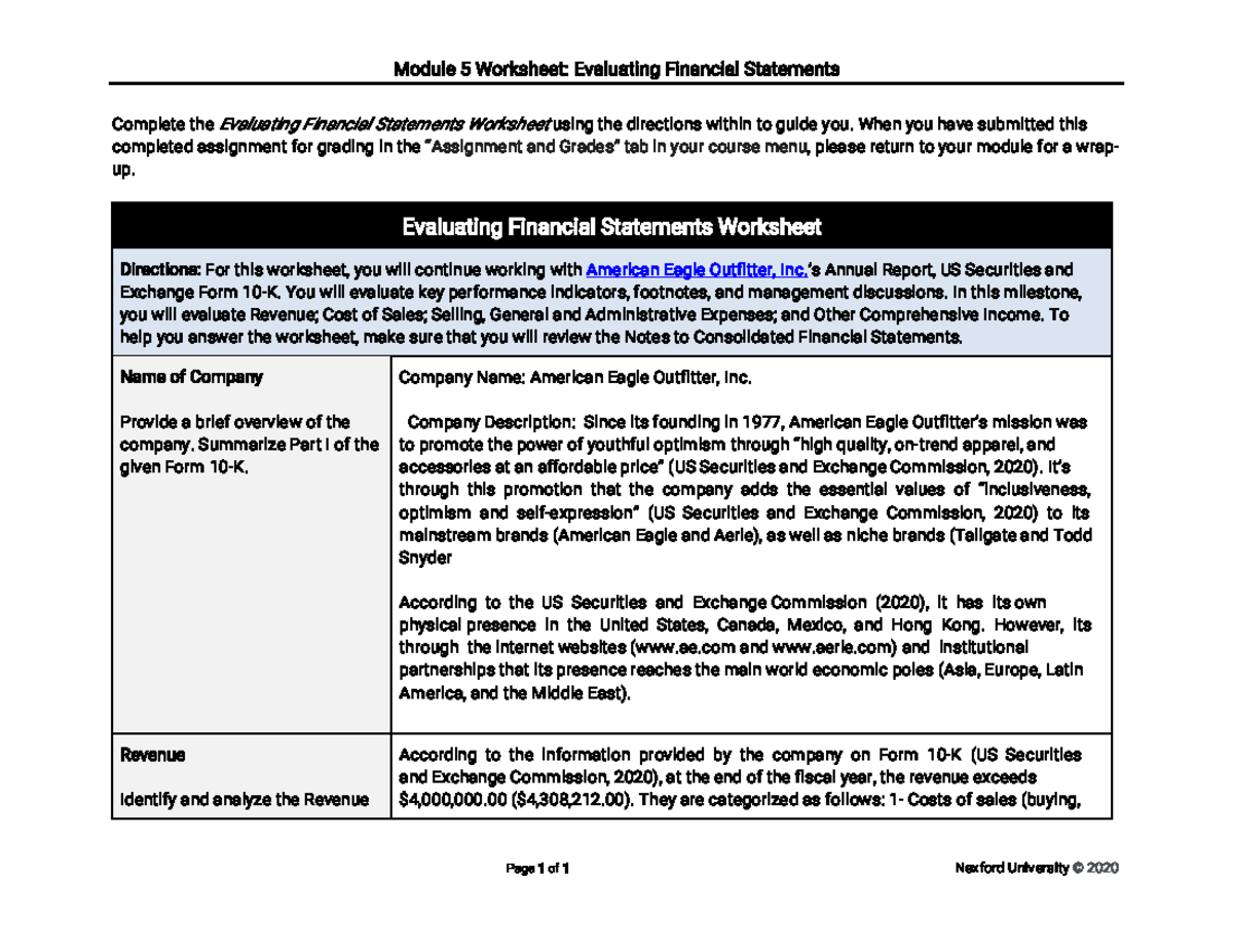 Module 5 Worksheet: Evaluating Financial Statements of American Eagle - Studocu
