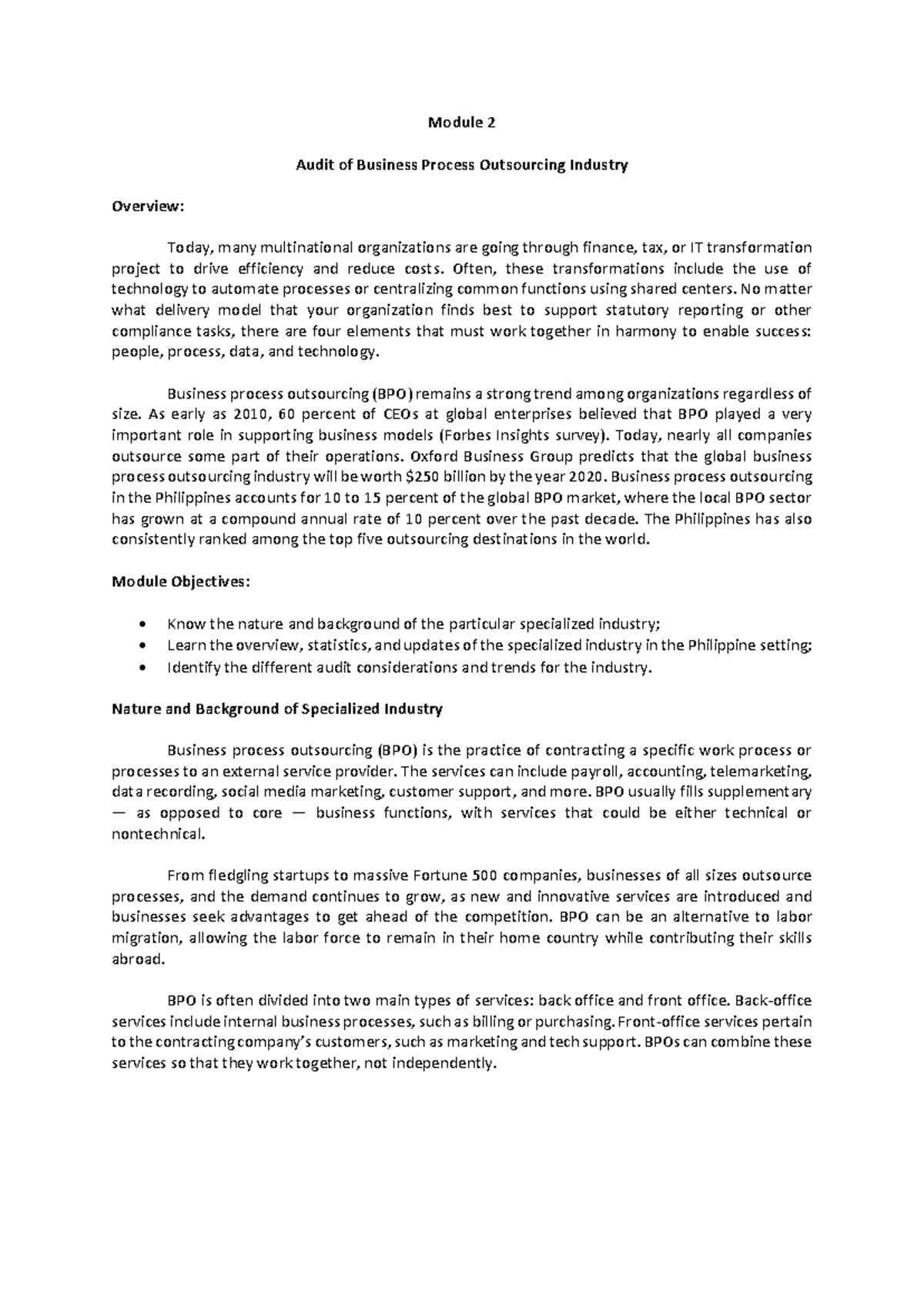 Module 2: Audit of Business Process Outsourcing Industry Overview - Studocu