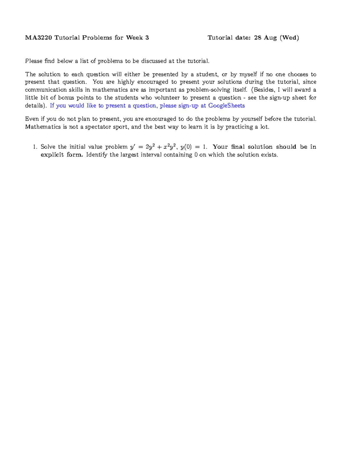 MA3220 Week 3 Tutorial Problems and Solutions - Studocu