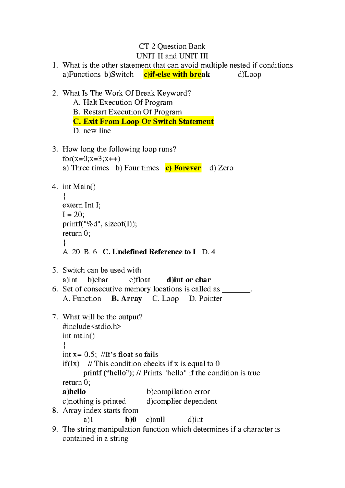 CT 2 Question Bank: Concepts of Functions, Loops, and Arrays - Studocu