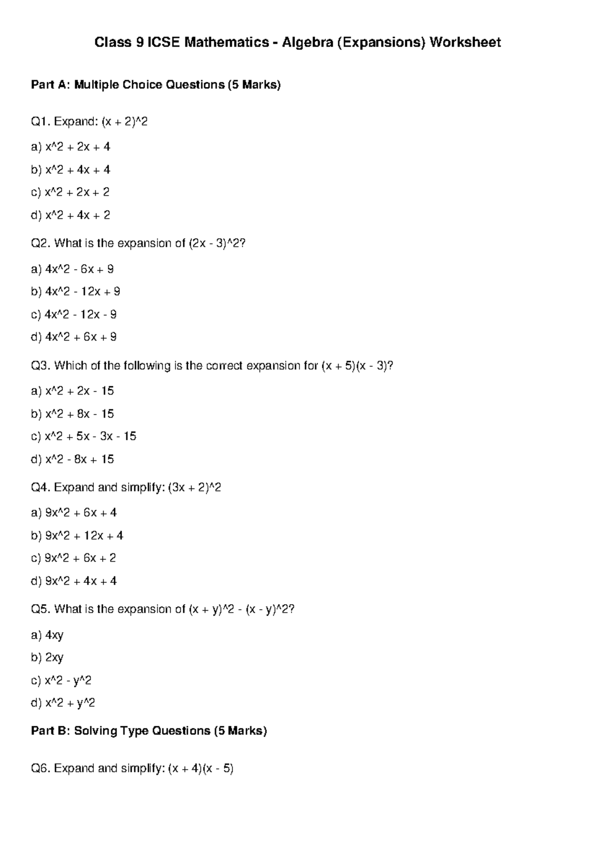 Class 9 ICSE Mathematics Algebra Expansions Worksheet (MCQs & Solving ...