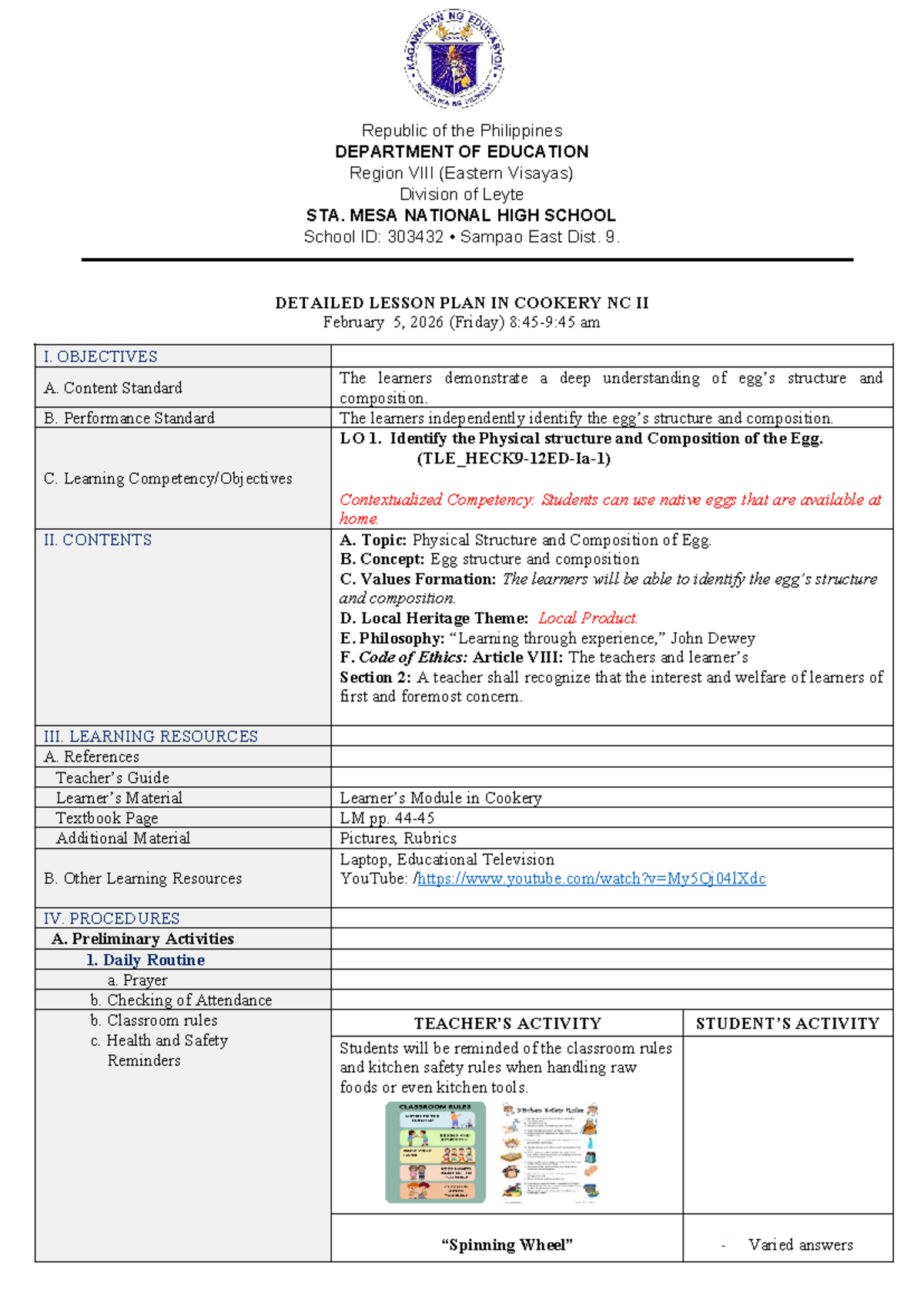 CO 1 25-26: Detailed Lesson Plan on Egg Structure and Composition - Studocu