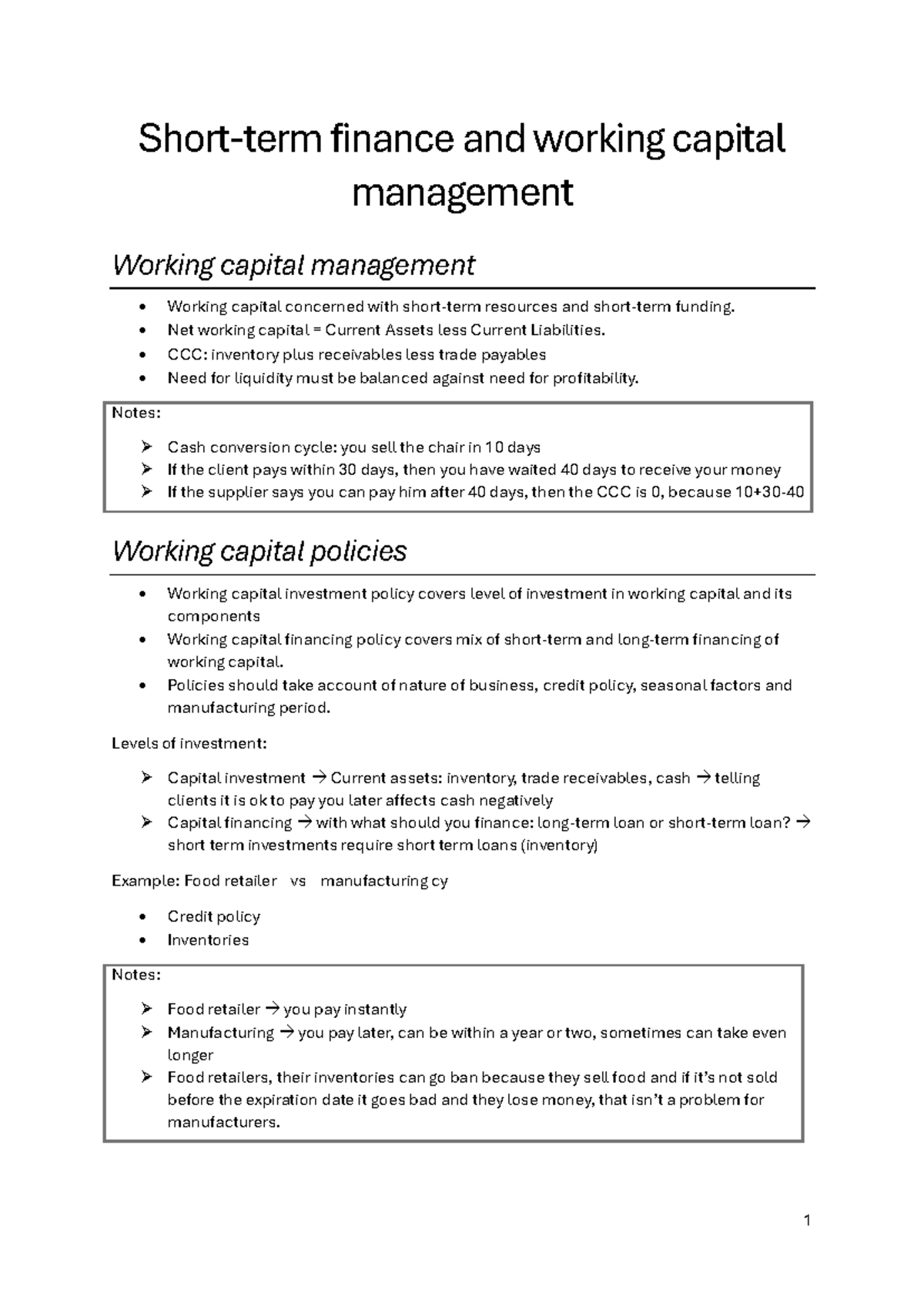 FIN 301: Short-Term Finance & Working Capital Management Notes - Studocu