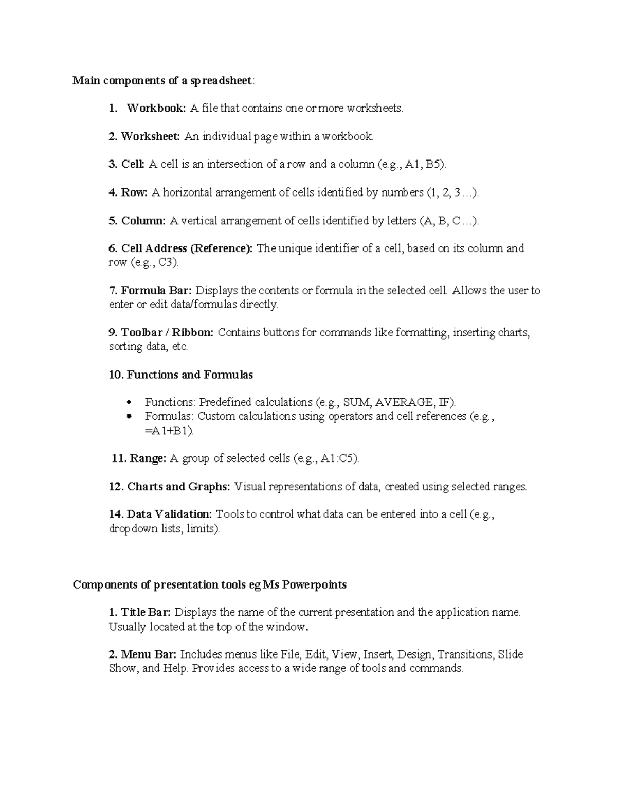 Main Components of Spreadsheets & Presentation Tools: A Guide - Studocu