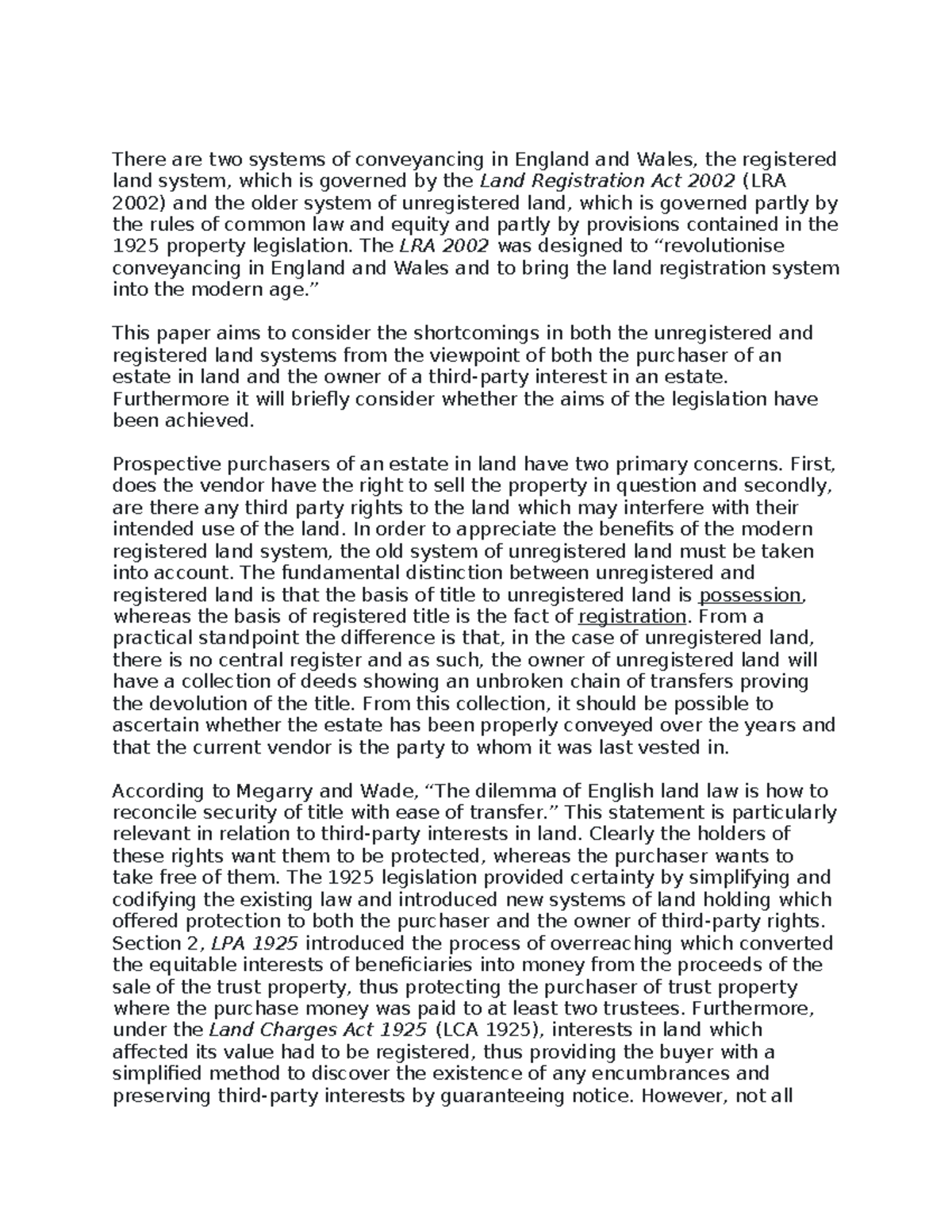 Analysis of Registered and Unregistered Land Systems in England & Wales ...