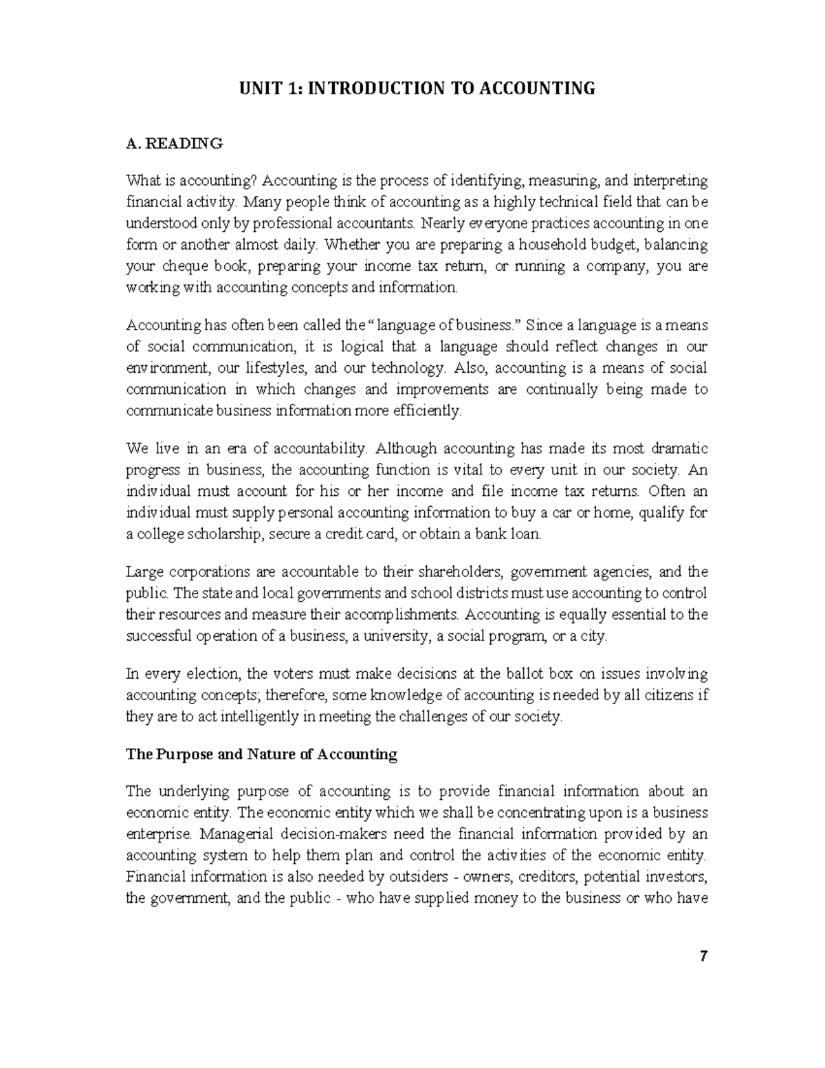 Unit 1 - Introduction to Accounting (Course 111111) - Studocu