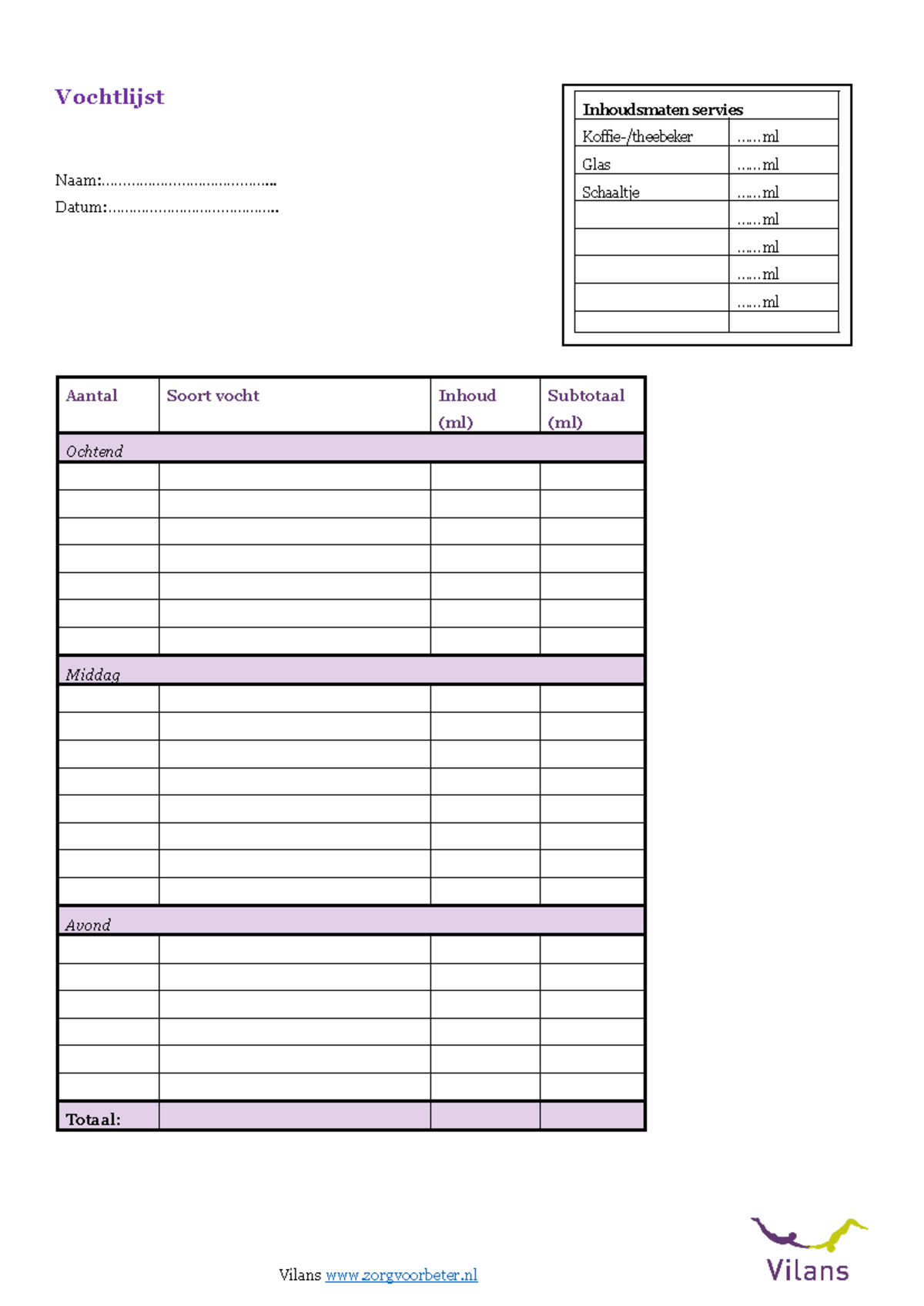 Vochtlijst-voorbeeld - Verpleegkundige Zorgverlening - Vochtlijst ...