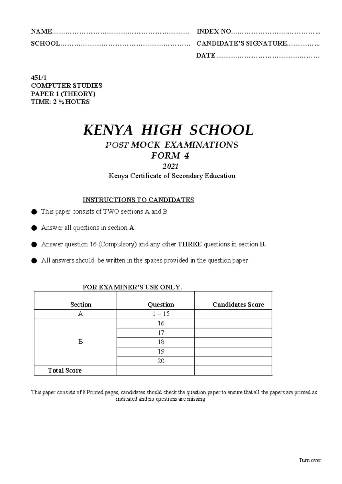 COMPUTER STUDIES Paper 3 (Project) 2025: Victory School Club System ...