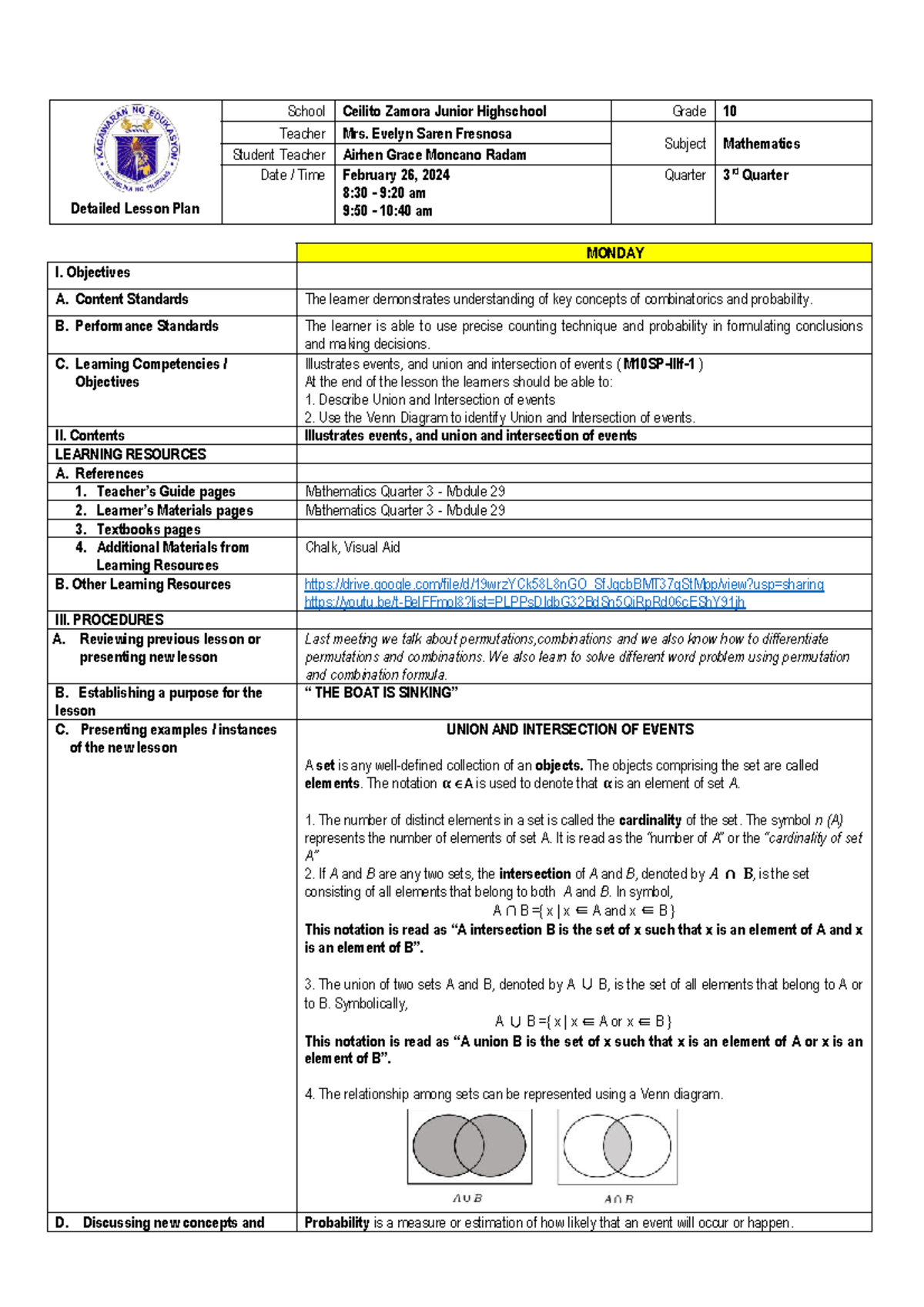 Mathematics Lesson Plan: DLP on Sets, Union & Intersection (M10SP-IIIf-1) - Studocu