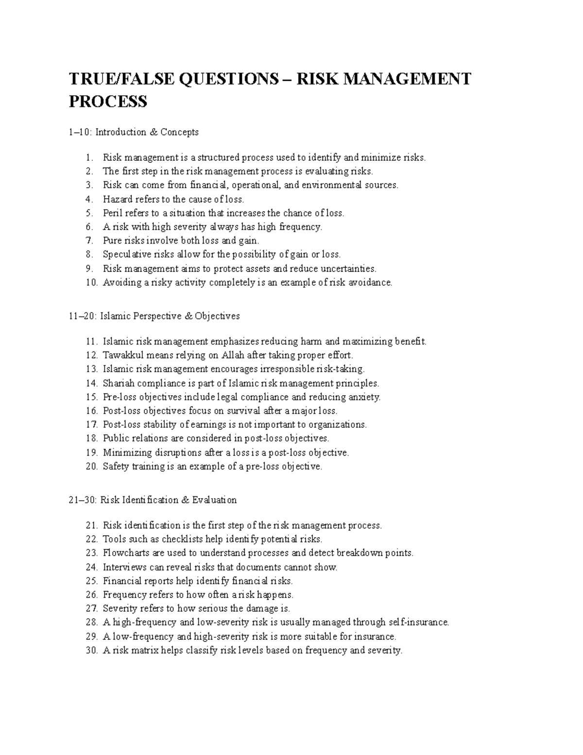 Quiz: True/False on Risk Management Process (MGT340) - Studocu
