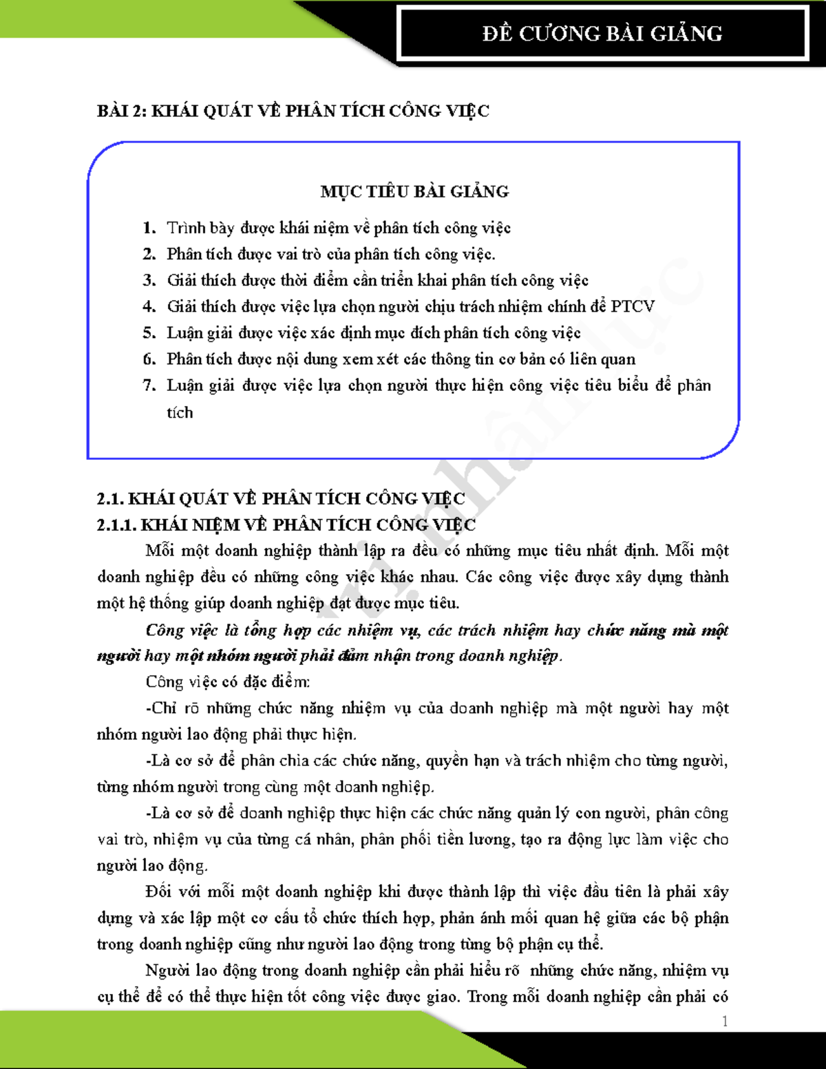 ĐỀ CƯƠNG BÀI GIẢNG BÀI 2: KHÁI QUÁT VỀ PHÂN TÍCH CÔNG VIỆC - Studocu