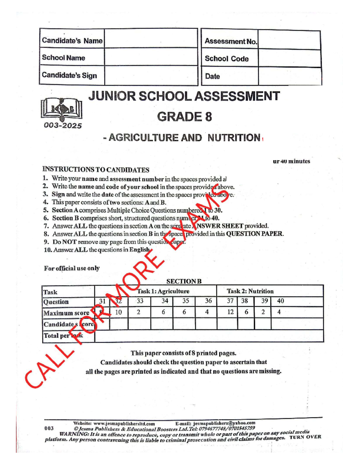 Grade 8 Agriculture & Nutrition Assessment 003: Comprehensive Guide ...