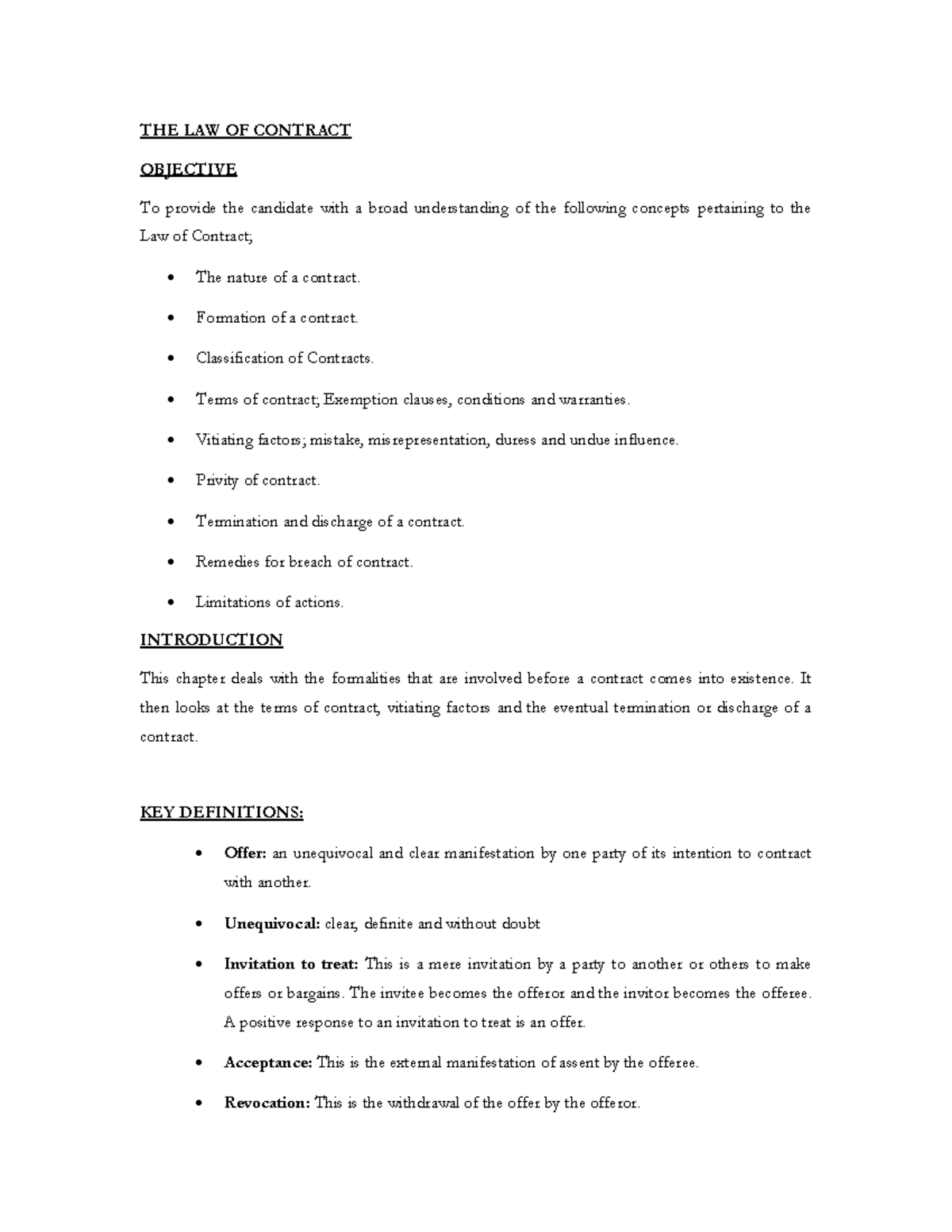 BUS 101: Law of Contract - Key Concepts and Principles - Studocu