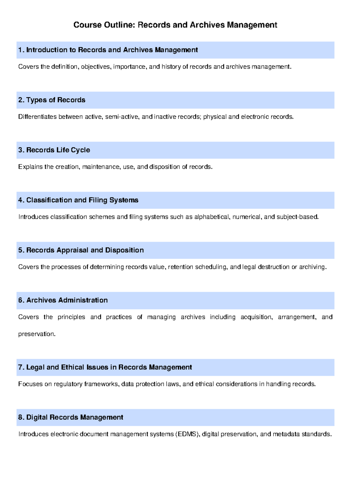 Records and Archives Management Course Outline: Key Topics and Concepts ...