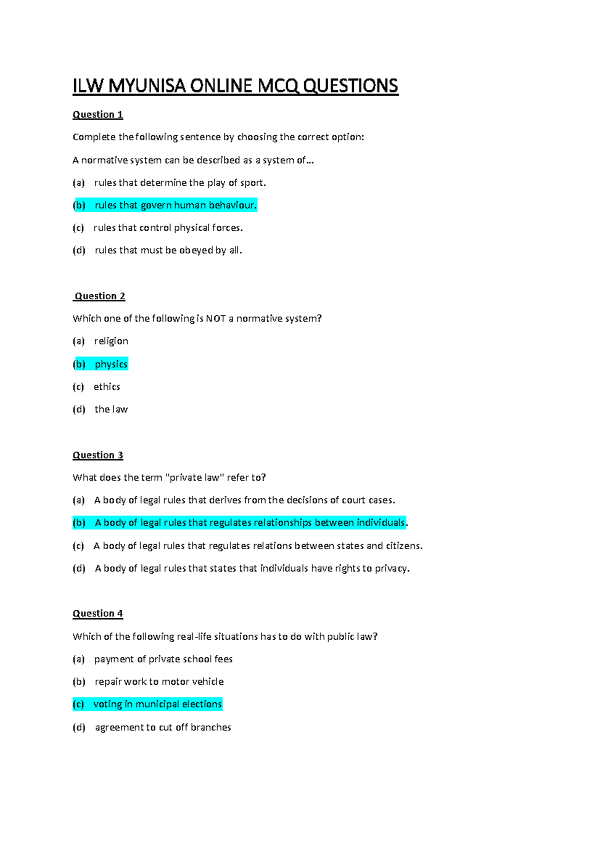 ILW Myunisa Online MCQ Questions - Legal Principles Review - Studocu