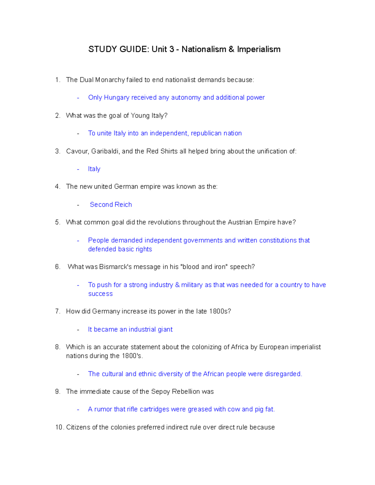 Study Guide: Unit 3 - Nationalism & Imperialism Overview - STUDY GUIDE: Unit 3 - Nationalism ...