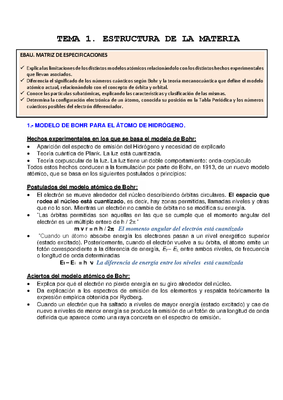 Tema 1: Estructura de la Materia - Resumen EBAU - Studocu