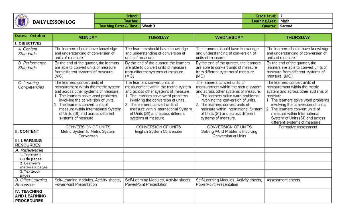 DLL Math 7 Q2 W3: Unit Conversion Lesson Plan - Studocu