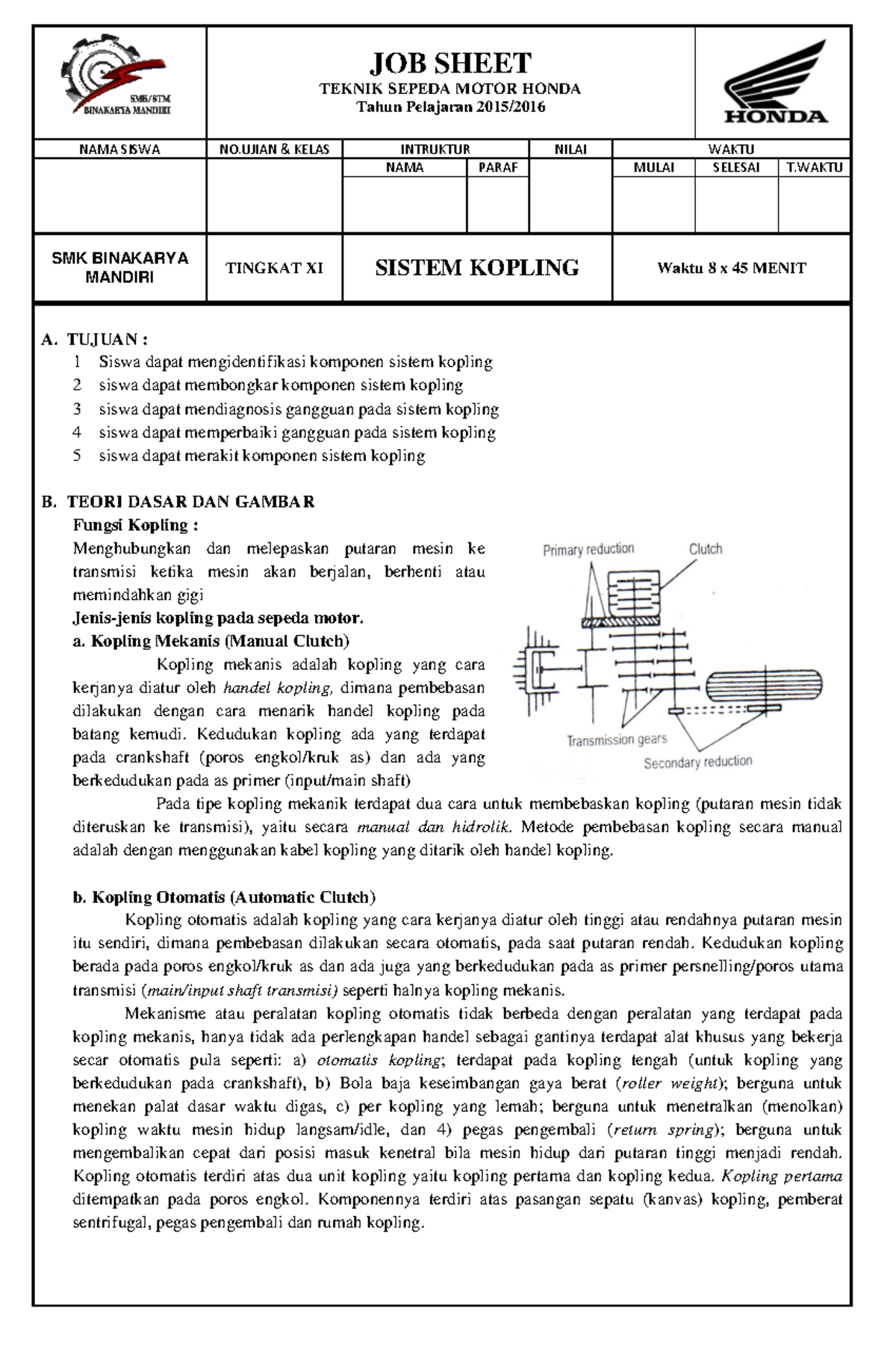 JOB Sheet Sistem Kopling Sepeda Motor Kelas XI - Teknik Sepeda Motor ...