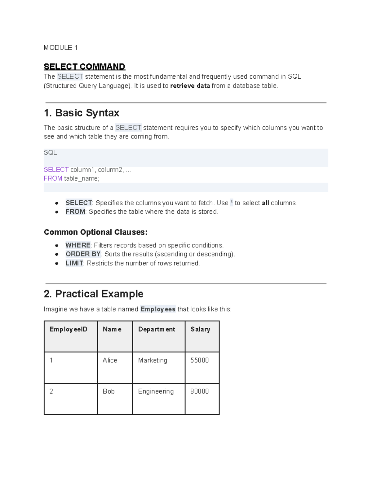DSM Module 1 - SQL SELECT, INSERT, UPDATE, DELETE Commands - Studocu