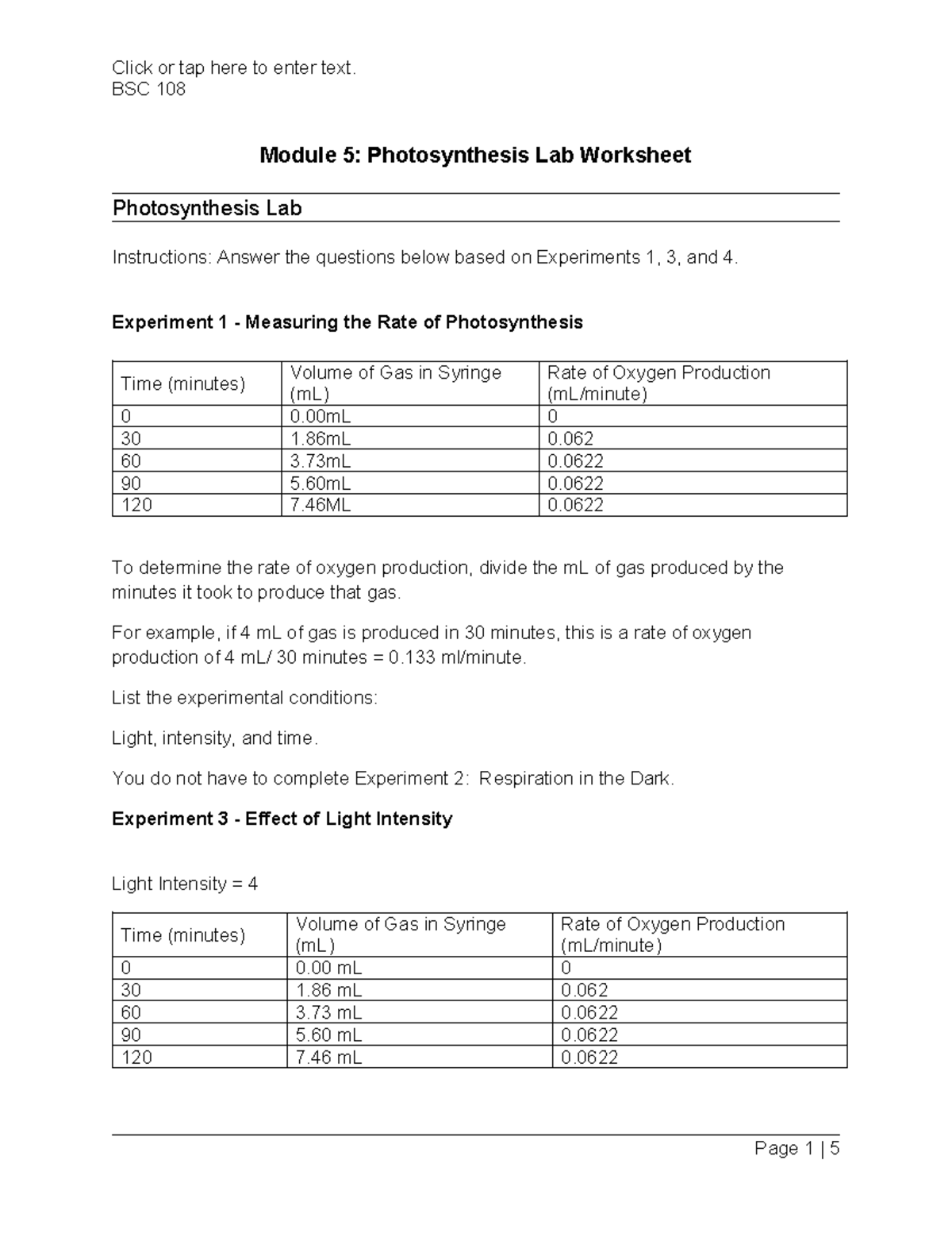 Lab 5 Photosynthesis Worksheet - BSC 108 Module 5: Photosynthesis Lab ...
