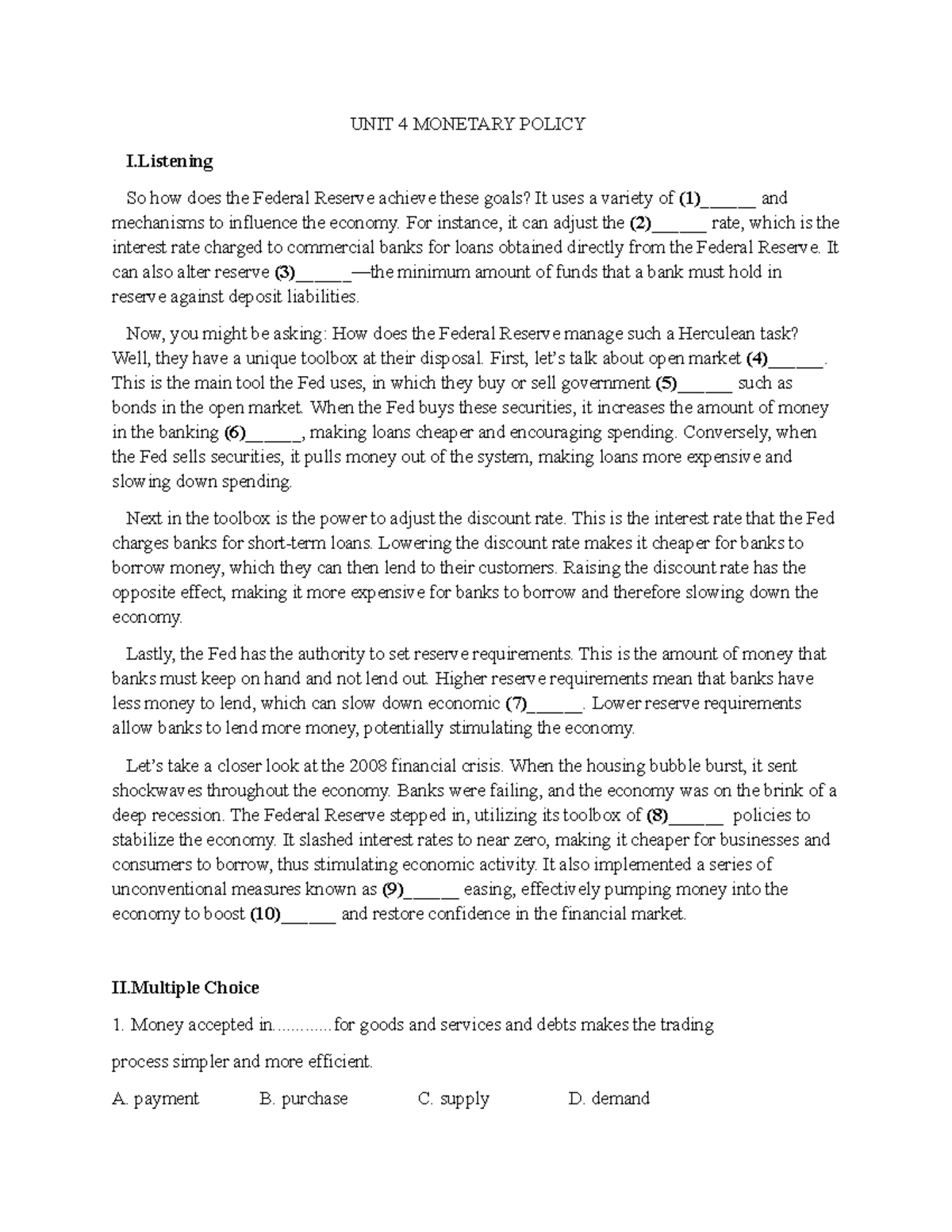 UNIT 4 Monetary Policy - Test and Review - Studocu