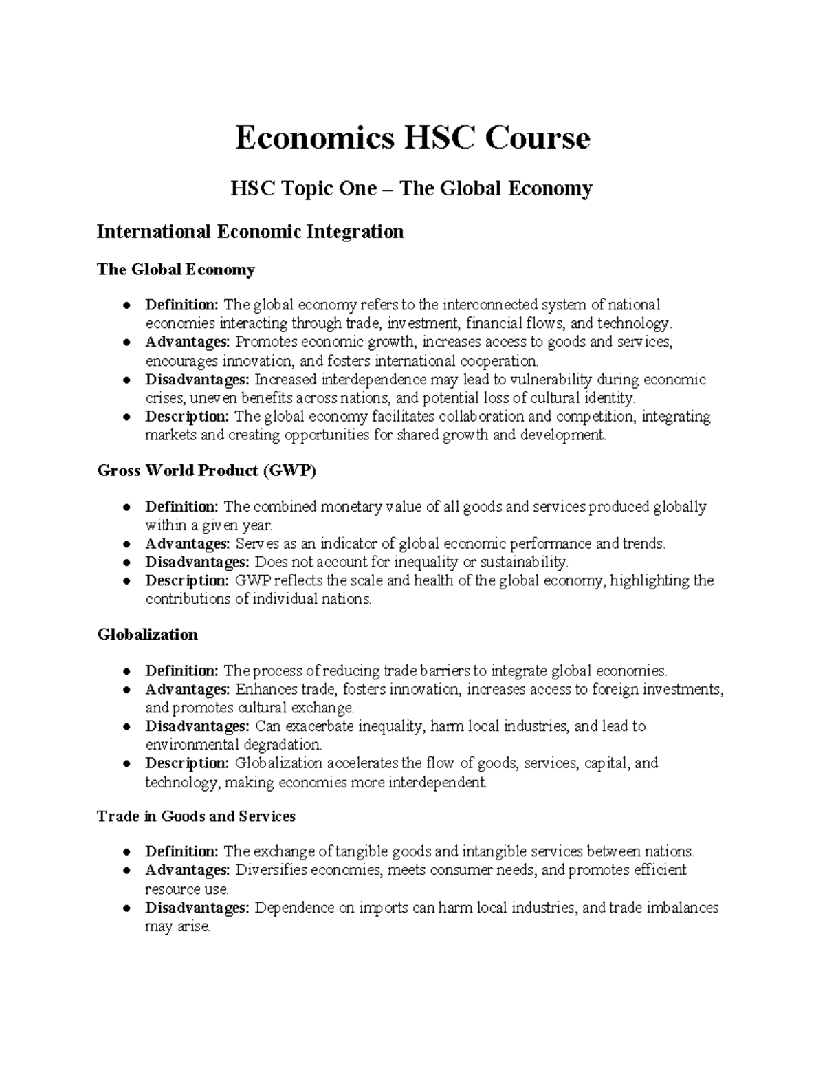 Economics HSC Course - Topic 1: The Global Economy Overview - Studocu