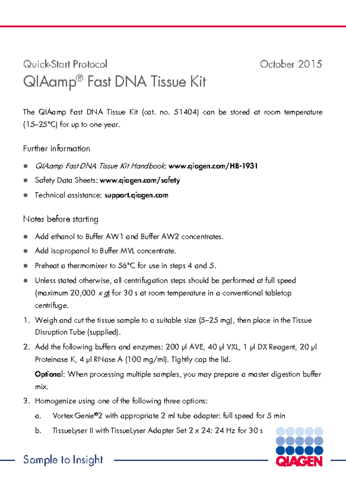 HB 1938 QIAamp Fast DNA Tissue Kit Quick-Start Protocol (1015 WW MBA ...