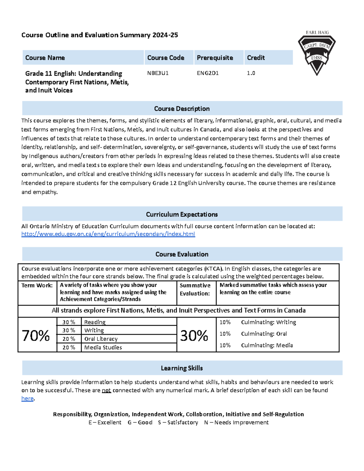 NBE3U1 Course Outline: Understanding Indigenous Voices in Literature ...
