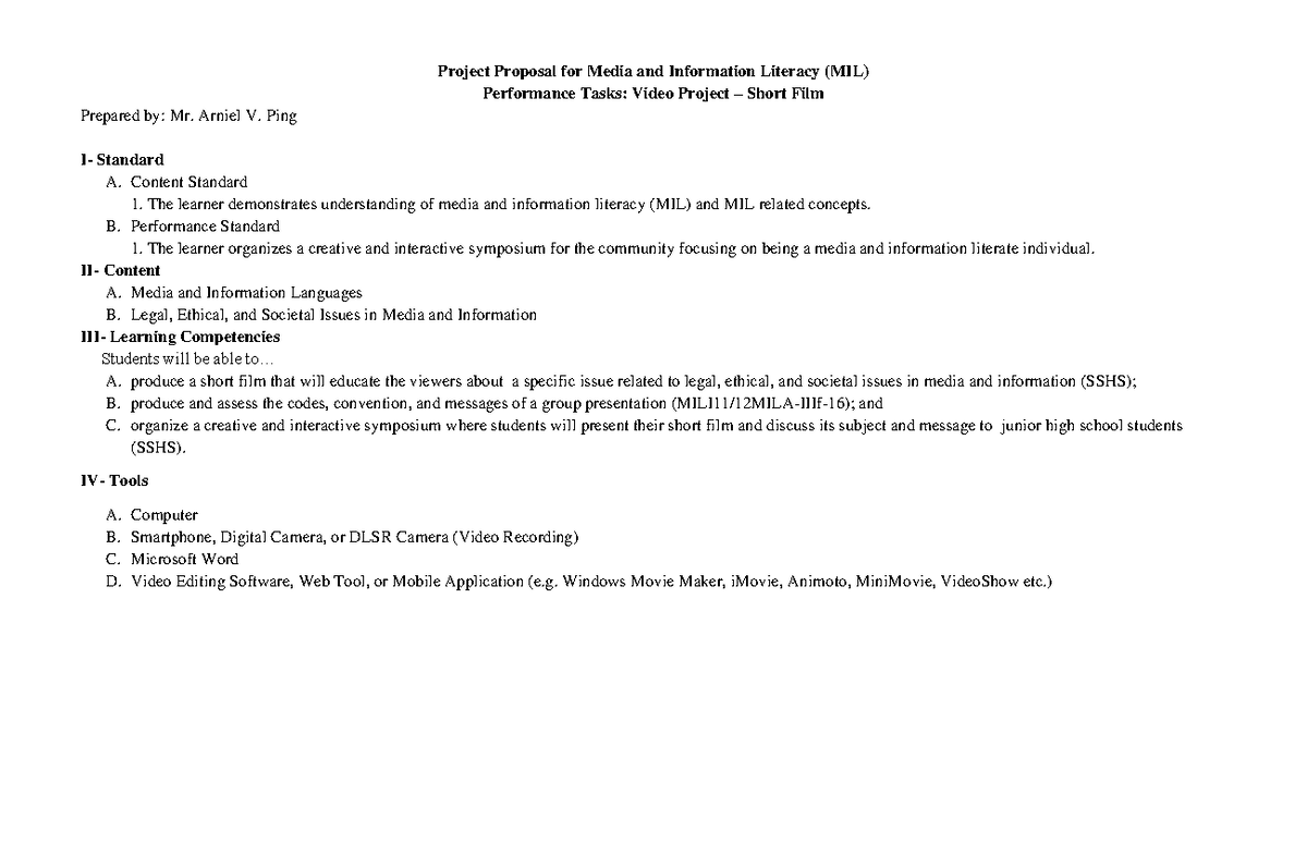 MIL Performance Task: Video Project Proposal for Short Film - Studocu