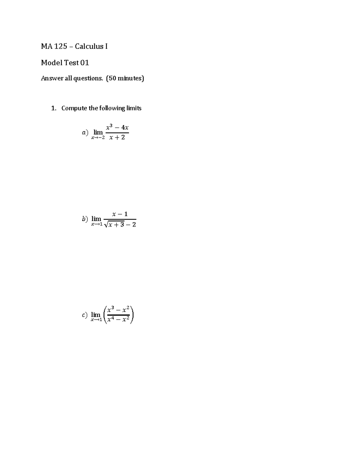 MA 125 – Calculus I Model Test 01: Limits & Continuity Analysis - Studocu