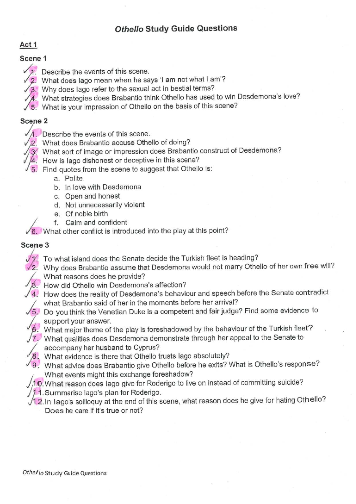 Othello Study Guide Questions: Acts 1-5 Analysis and Insights - Studocu