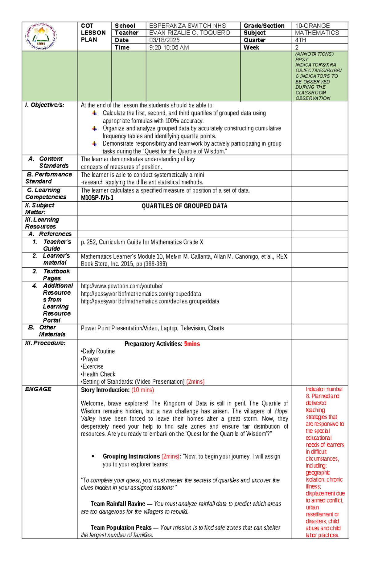 COT MATH Lesson Plan on Quartiles for Grade 10 – Q4 2025 - Studocu