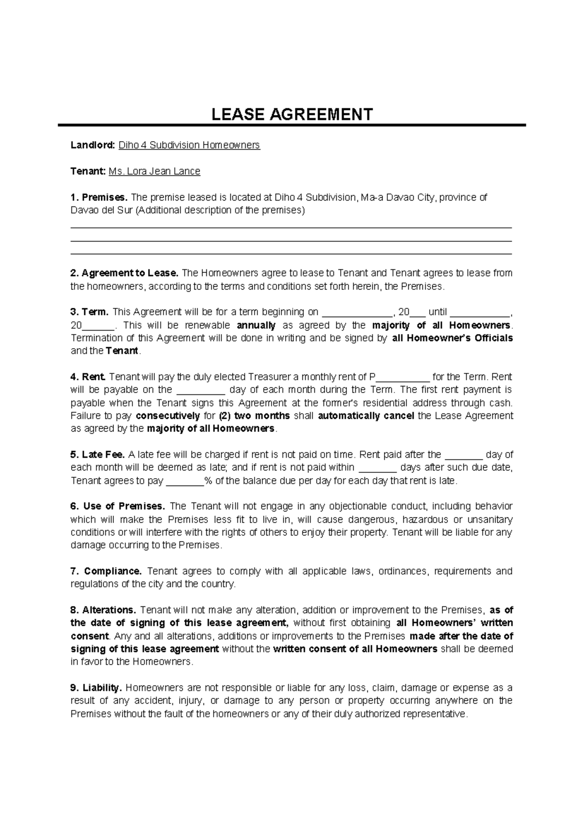 BSA 101: Lecture Notes on Lease Agreement Terms and Conditions - Studocu