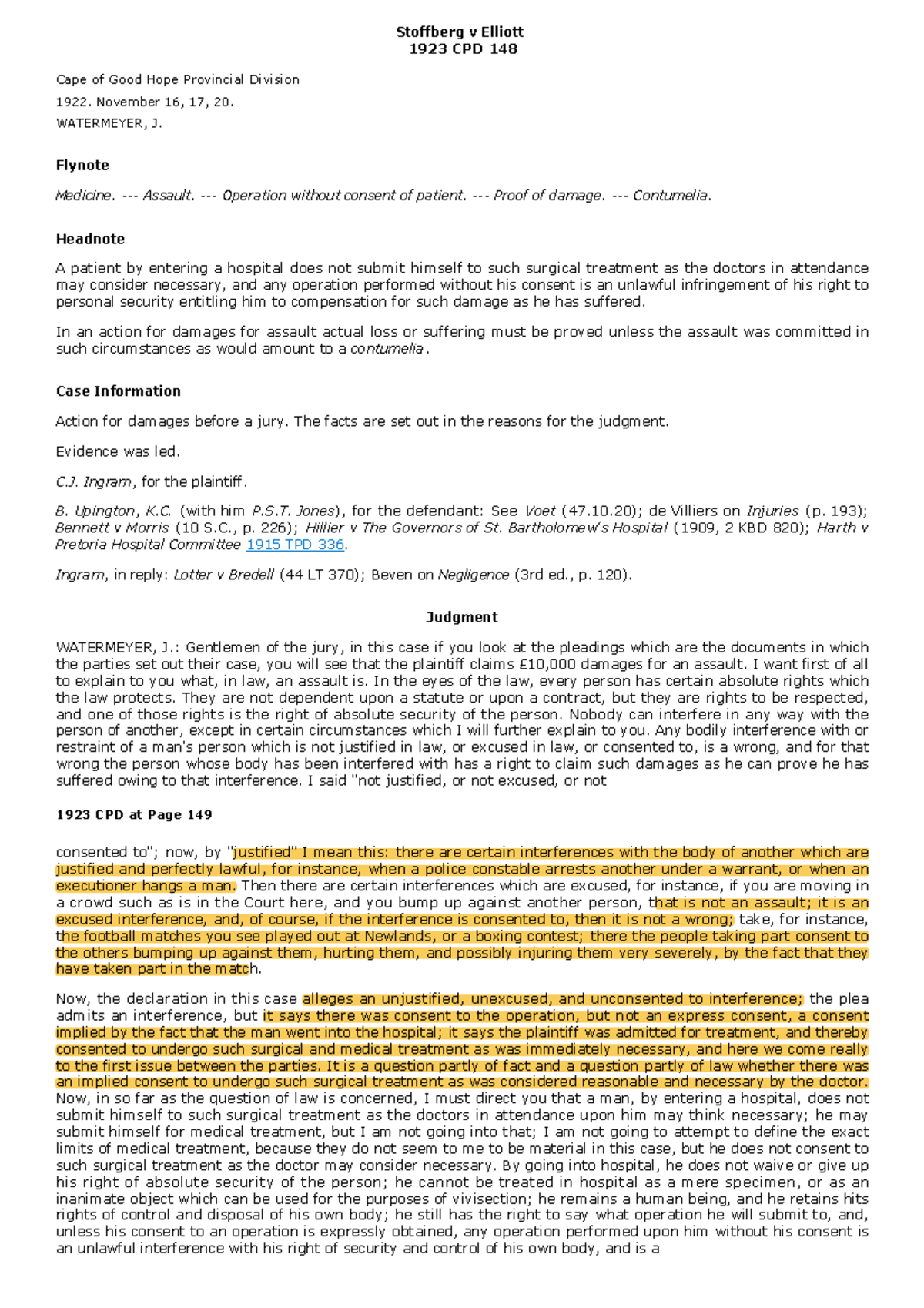 Stoffberg v Elliott 1923 CPD 148: Consent and Assault in Medical Practice - Studocu