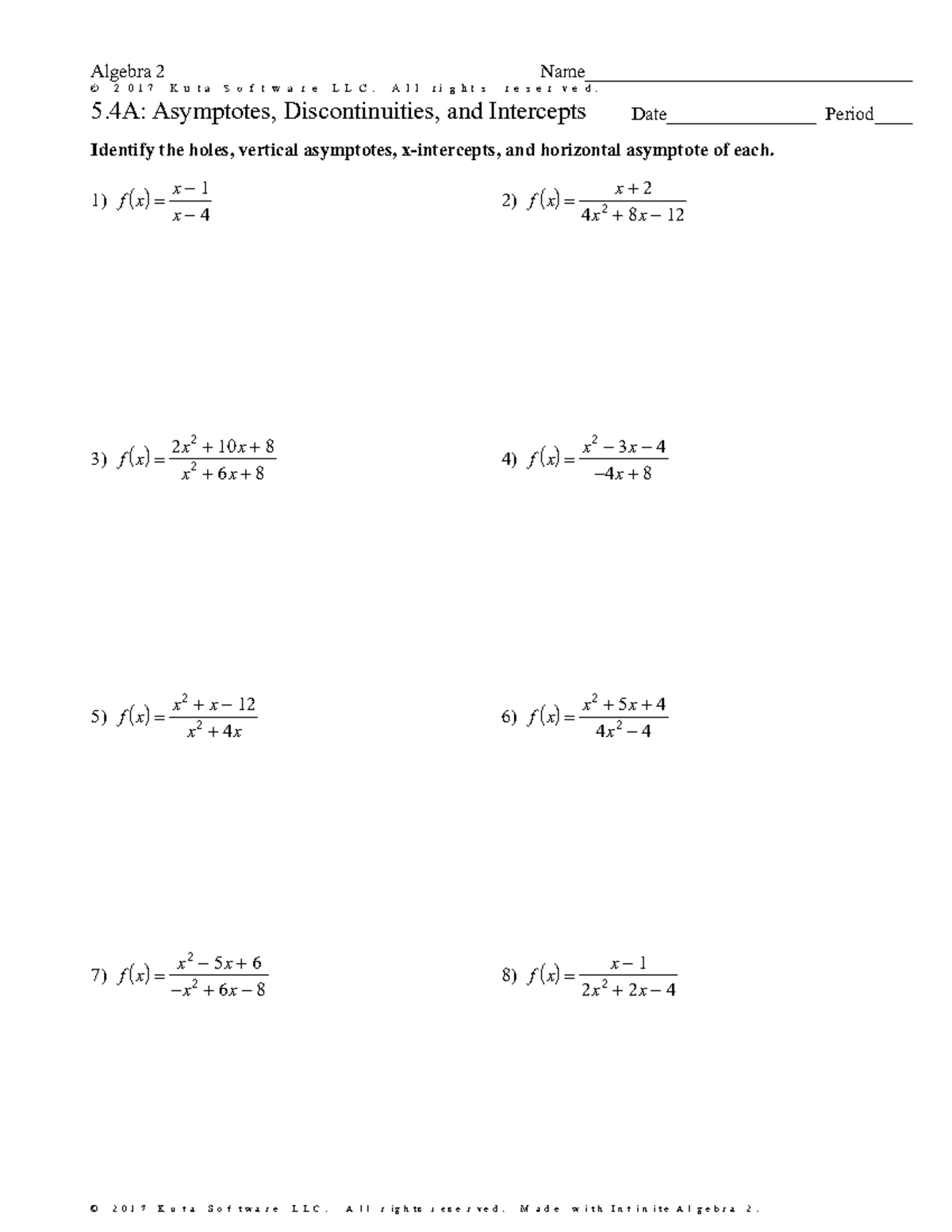 Algebra 2 5.4A: Asymptotes, Discontinuities, and Intercepts Worksheet ...