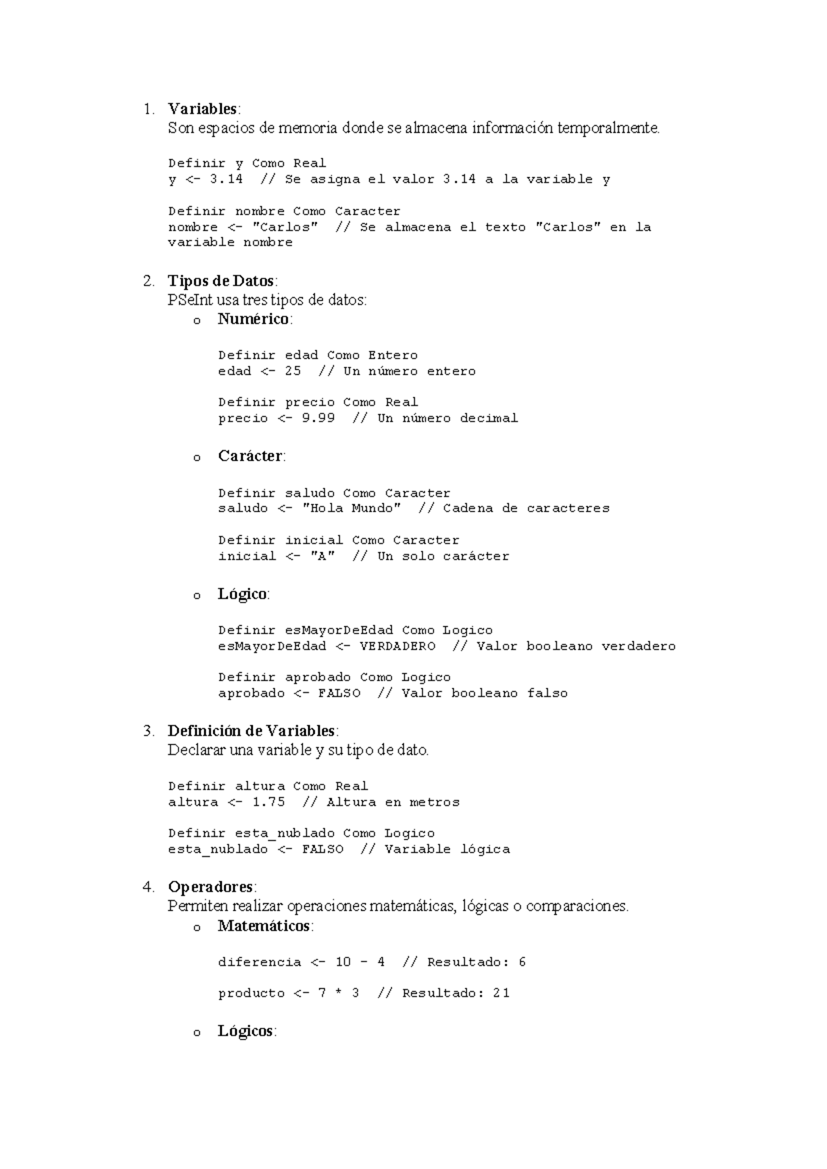 Resumen de Variables y Tipos de Datos en PSeInt (Cód. PSE-101) - Studocu