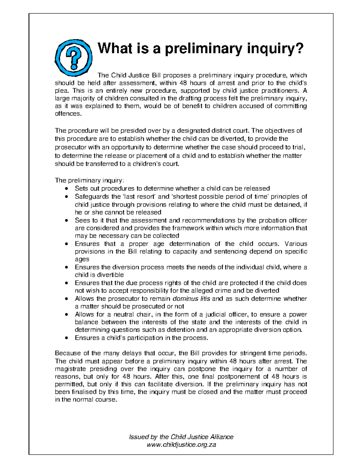 Preliminary Inquiry Fact Sheet: Child Justice Bill Overview - Studocu