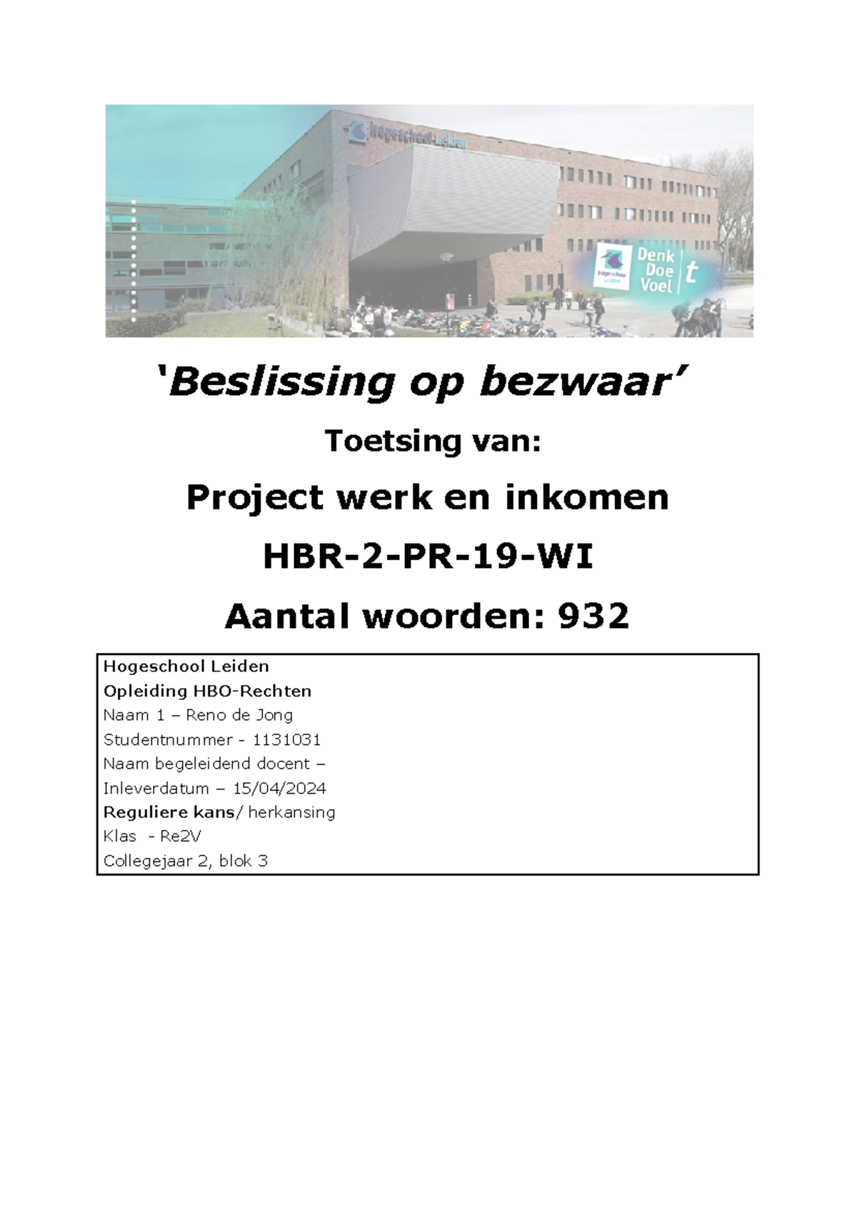 Beslissing op Bezwaar Project Werk en Inkomen - HBR-2-PR-19-WI ...