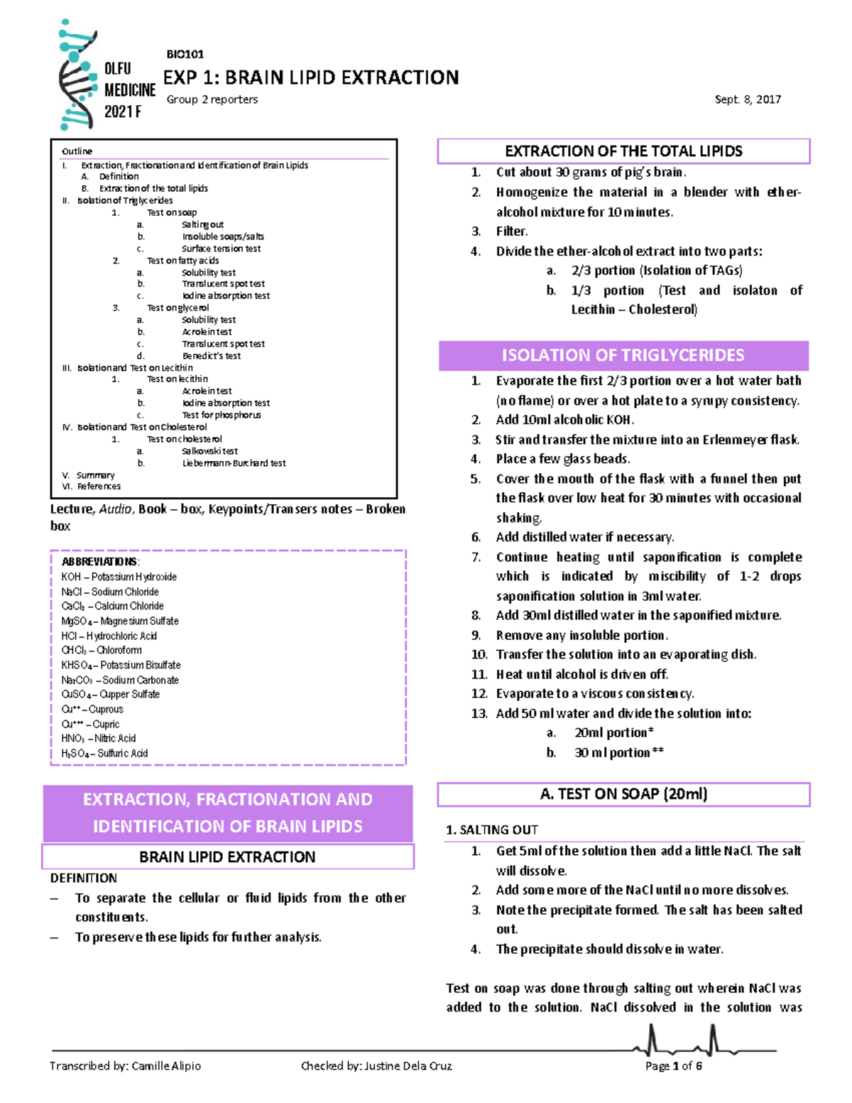 BIO101 Brain Lipid Extraction: Procedures and Analysis Guide - Studocu