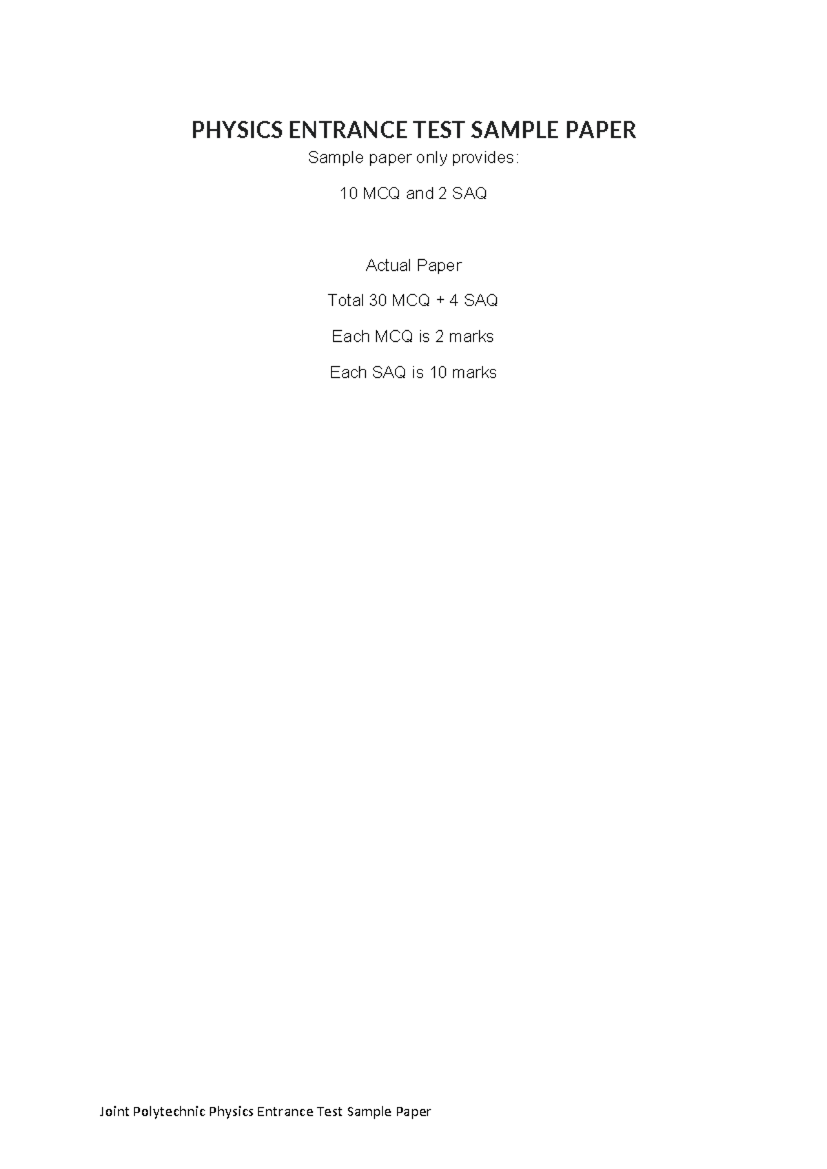 NYP Physics Entrance Test Sample Paper with MCQs and SAQs - Studocu