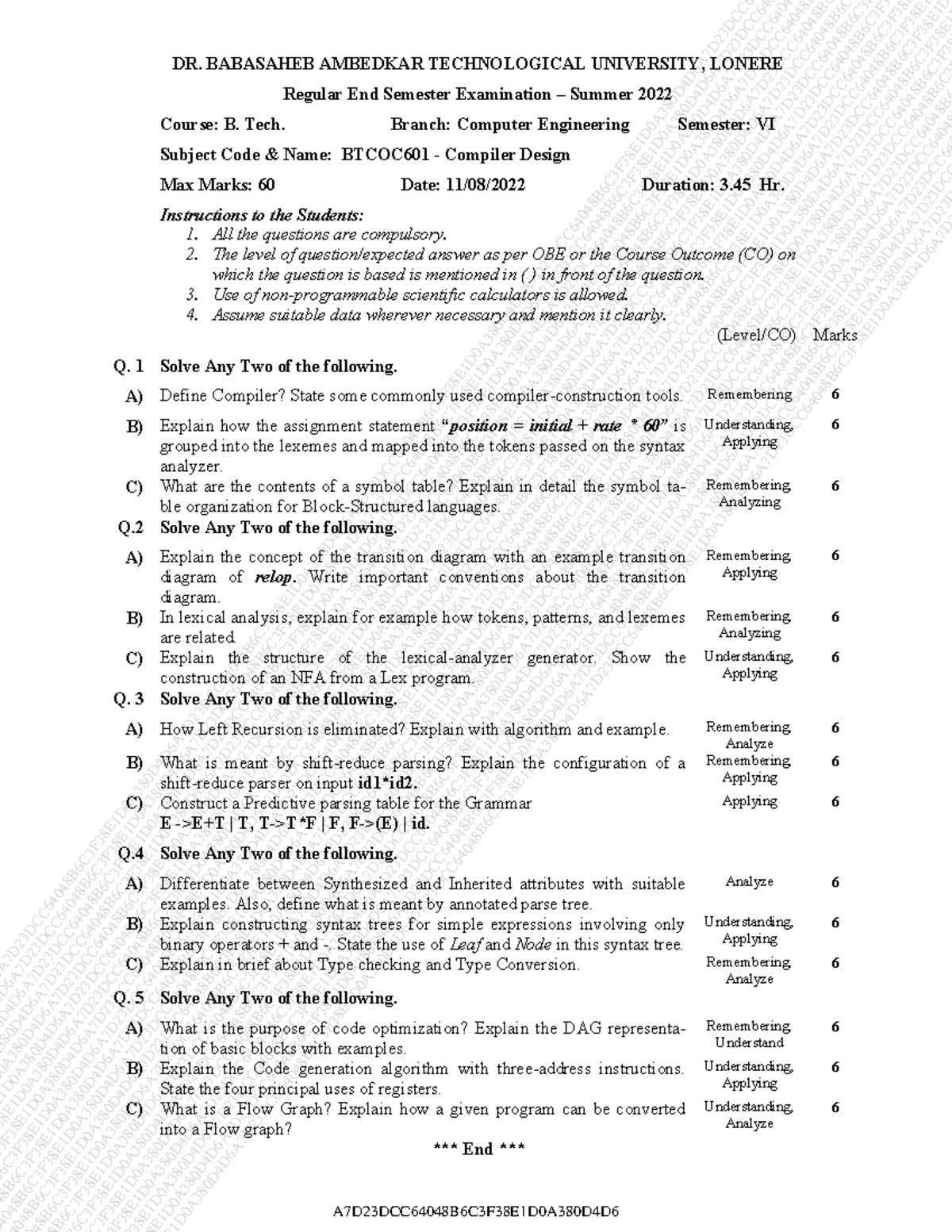 Compiler Design BTCOC601 - Previous Year Questions 2022 - Studocu