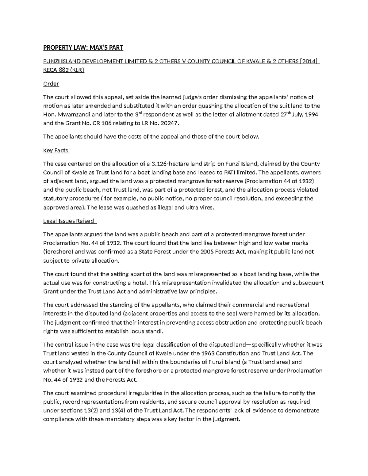 PROPERTY LAW: CASE STUDY ON FUNZI ISLAND LAND ALLOCATION - Studocu