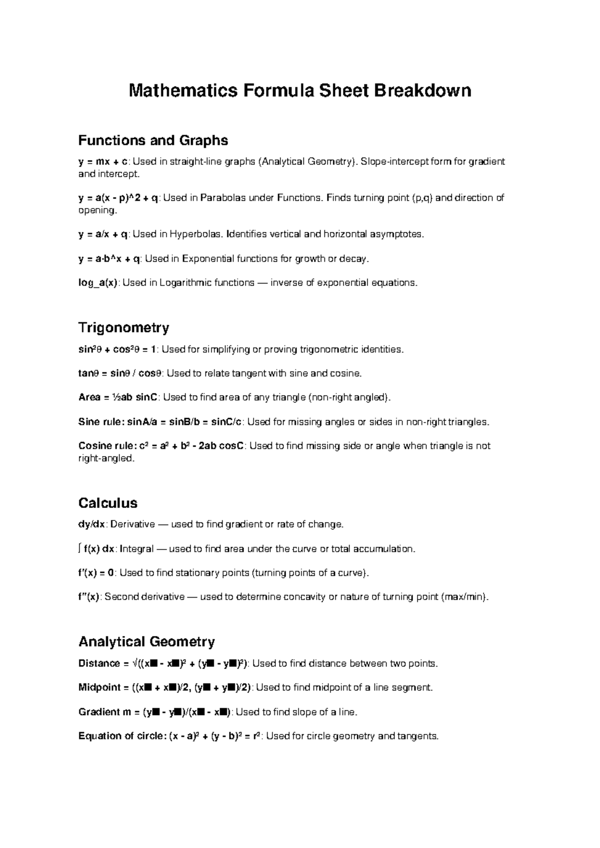 Mathematics Formula Sheet: Functions & Graphs Breakdown - Studocu