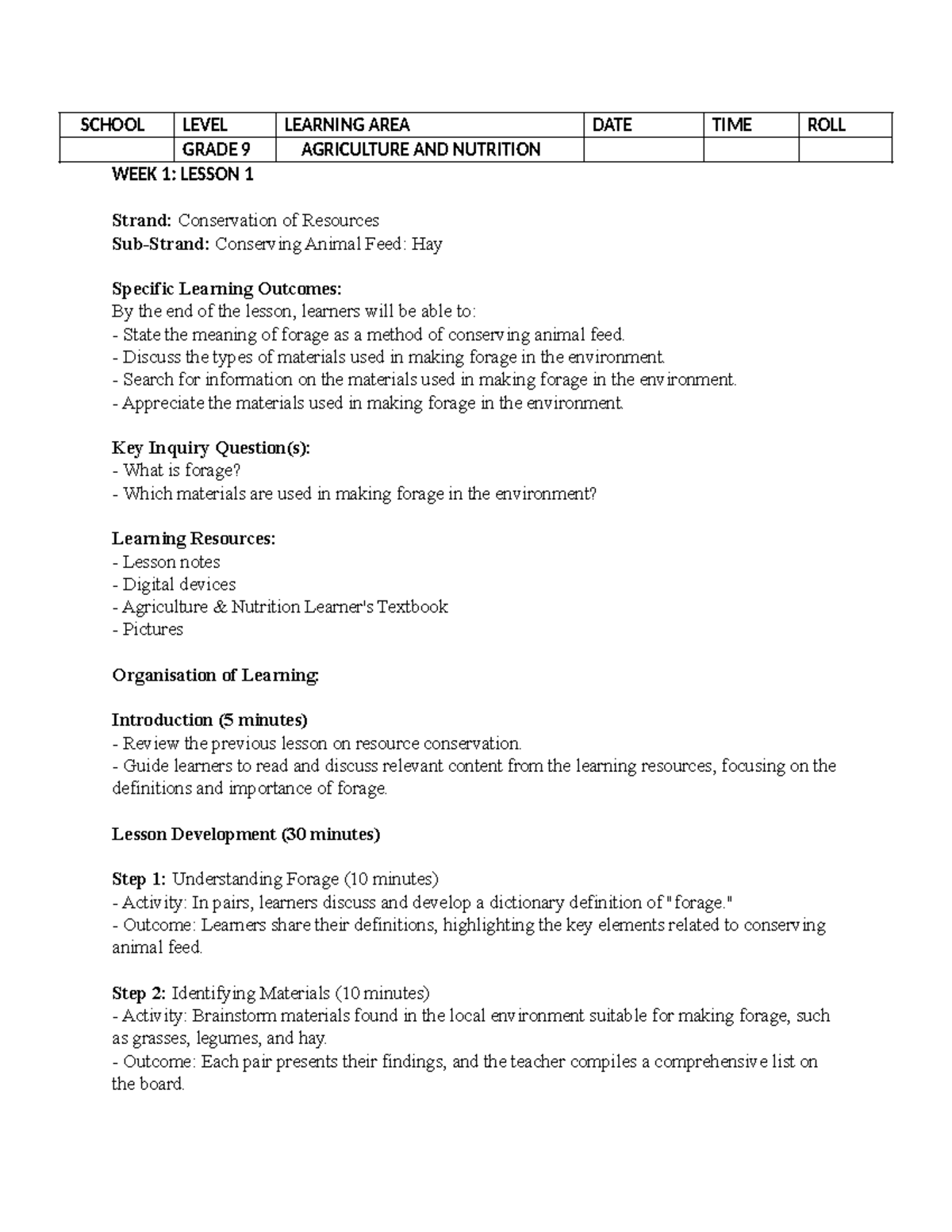 Grade 9 Agriculture & Nutrition Lesson Plans: Term 1 Overview - Studocu