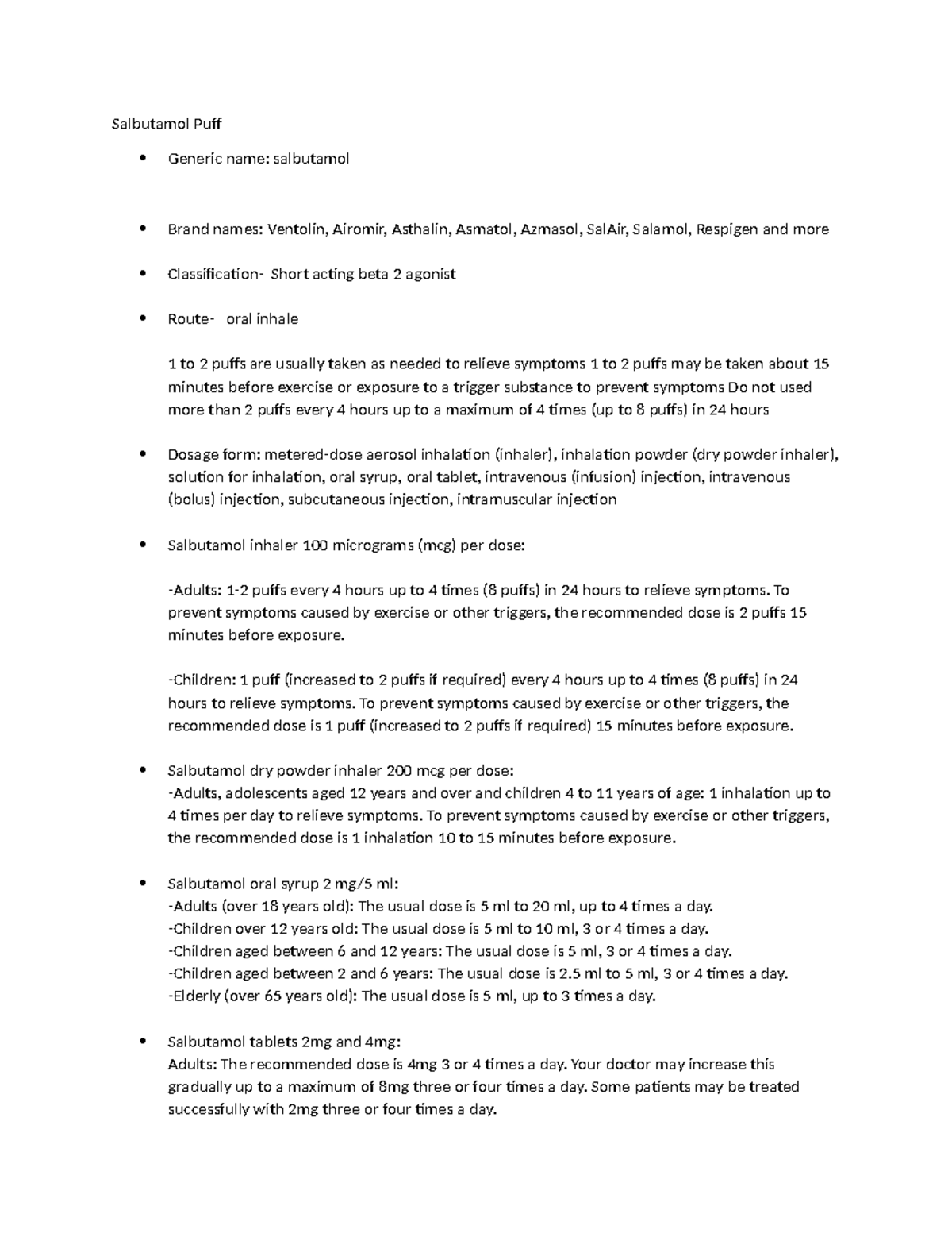 Salbutamol Puff: Dosage & Administration Guidelines for FBFHJGH - Studocu