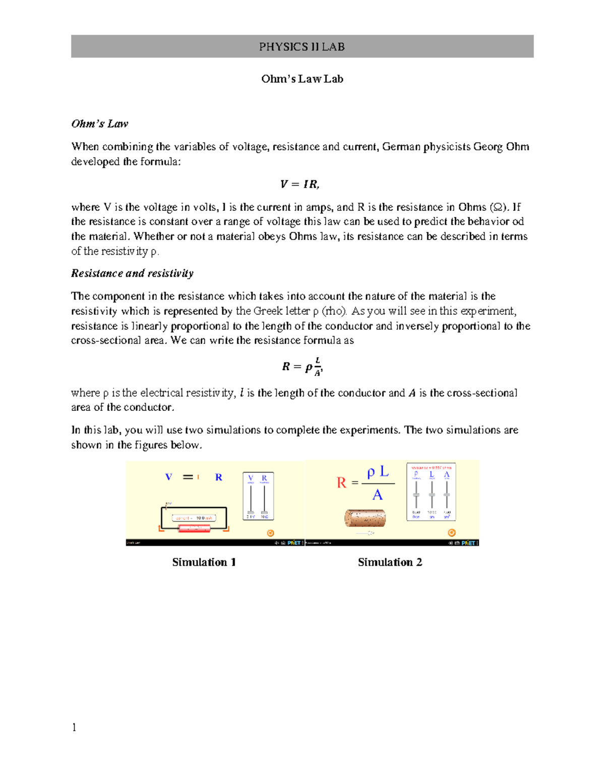 Ohms Law and Resistance Lab - Ohm’s Law Lab Ohm’s Law When combining ...