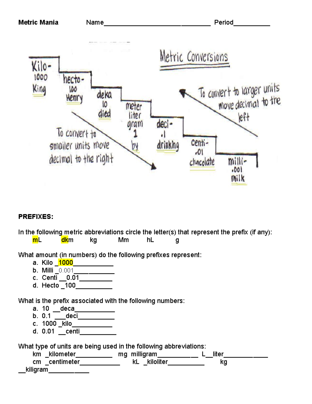 Metric Mania Worksheet #2: Understanding Prefixes & Units - Studocu